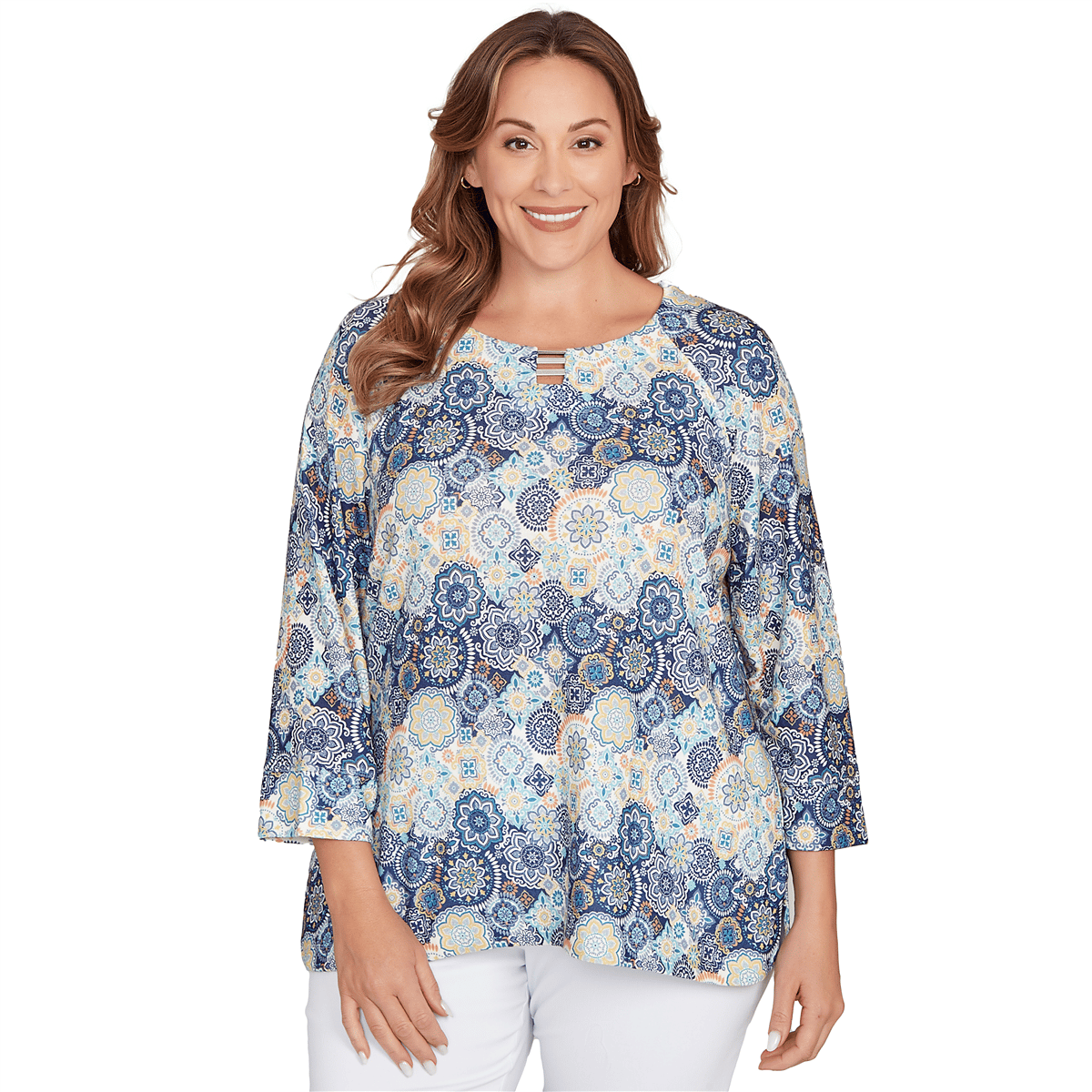 Hearts Of Palm Plus Size Printed Hachi 3/4 Sleeve Top - New Navy Multi