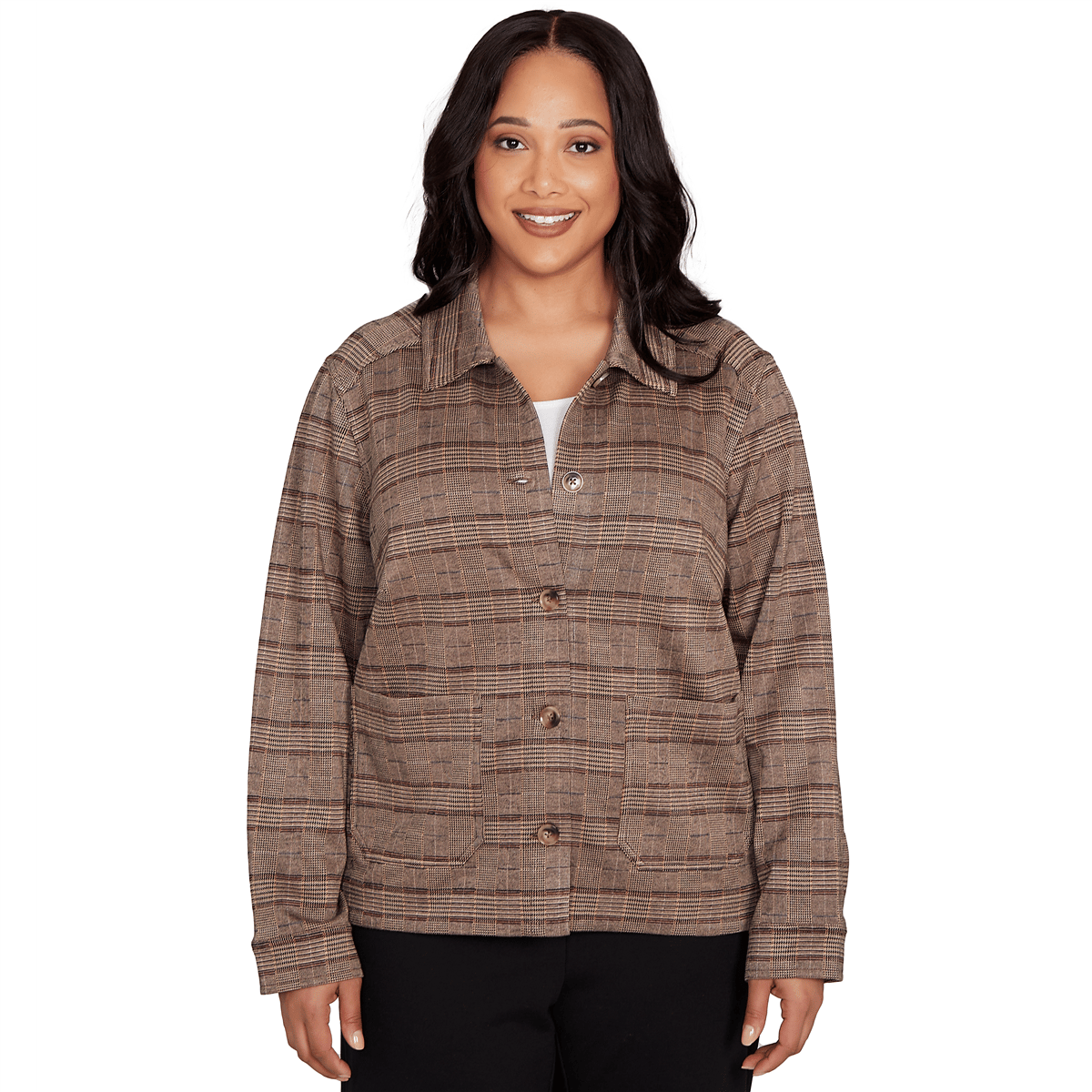 Hearts Of Palm Plus Size Long Sleeve Plaid Jacket - Light Chocolate Mult
