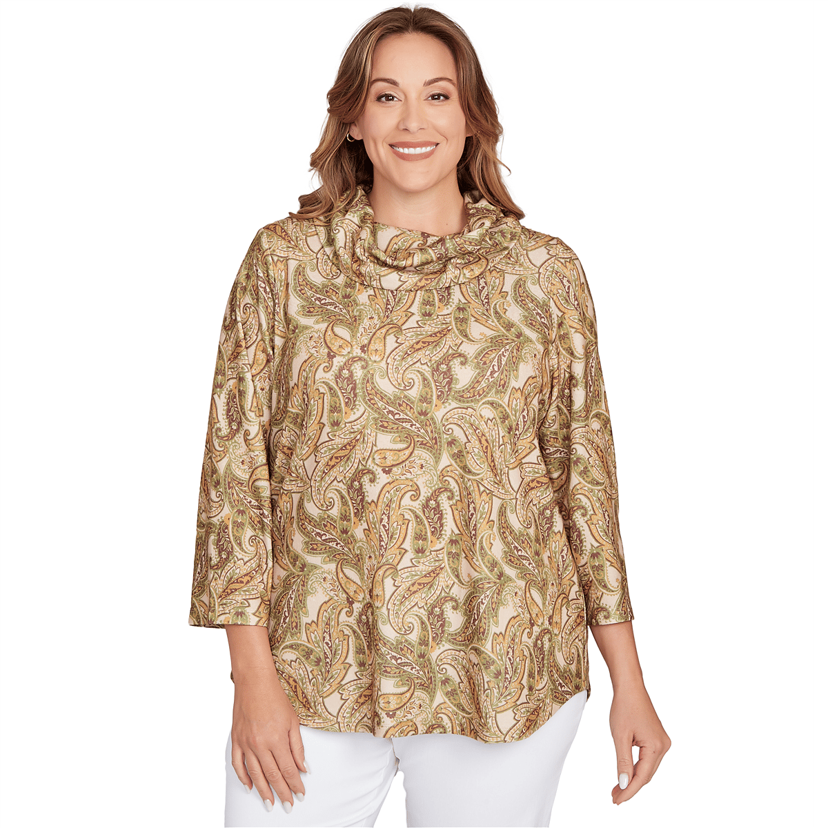 Hearts Of Palm Plus Size Printed Hatchi Cowl Neck Top - Avocado Multi