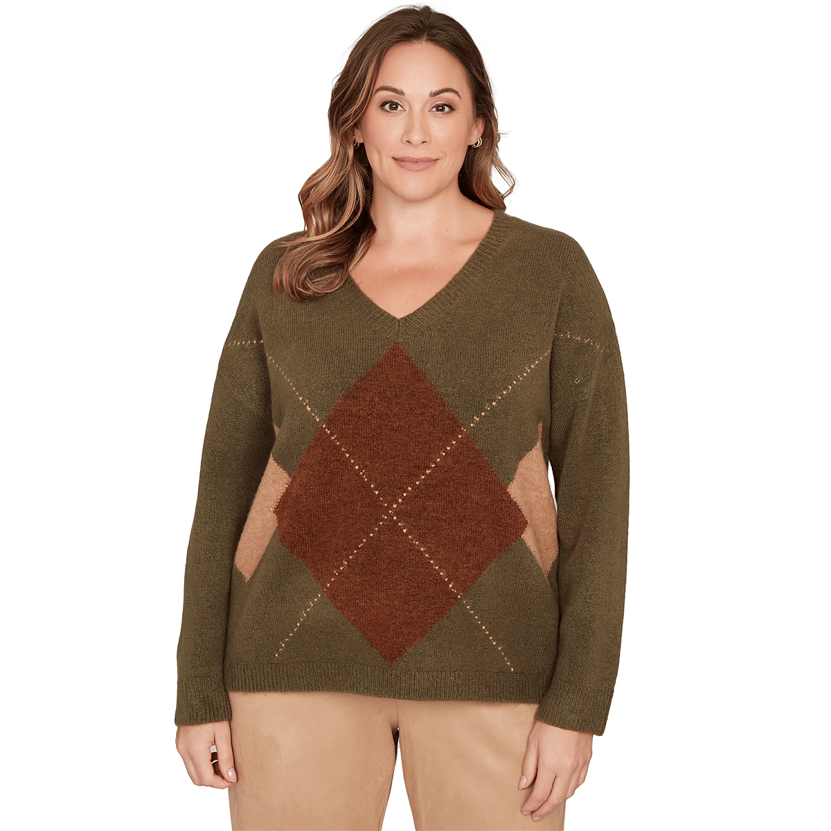 Plus Size Hearts of Palm Neutral Ground Argyle V Neck Sweater