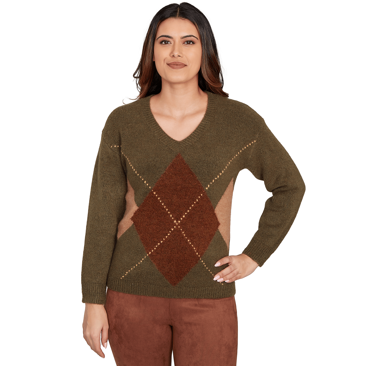 Click here for Petite Hearts of Palm Neutral Ground Argyle V Neck... prices