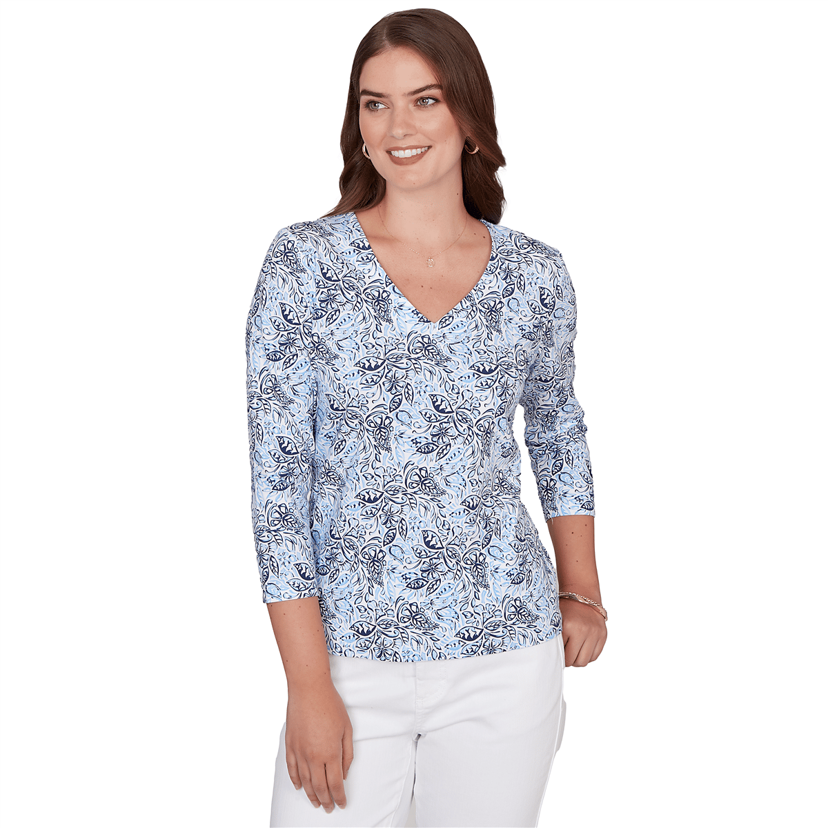 Click here for Petite Hearts of Palm Printed Essentials V Neck Fl... prices