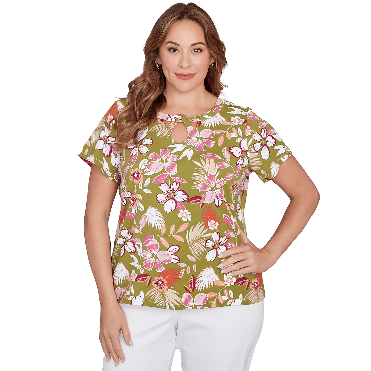 Hearts Of Palm Plus Size Short Sleeve Embellished Blossom Top - Fern Multi