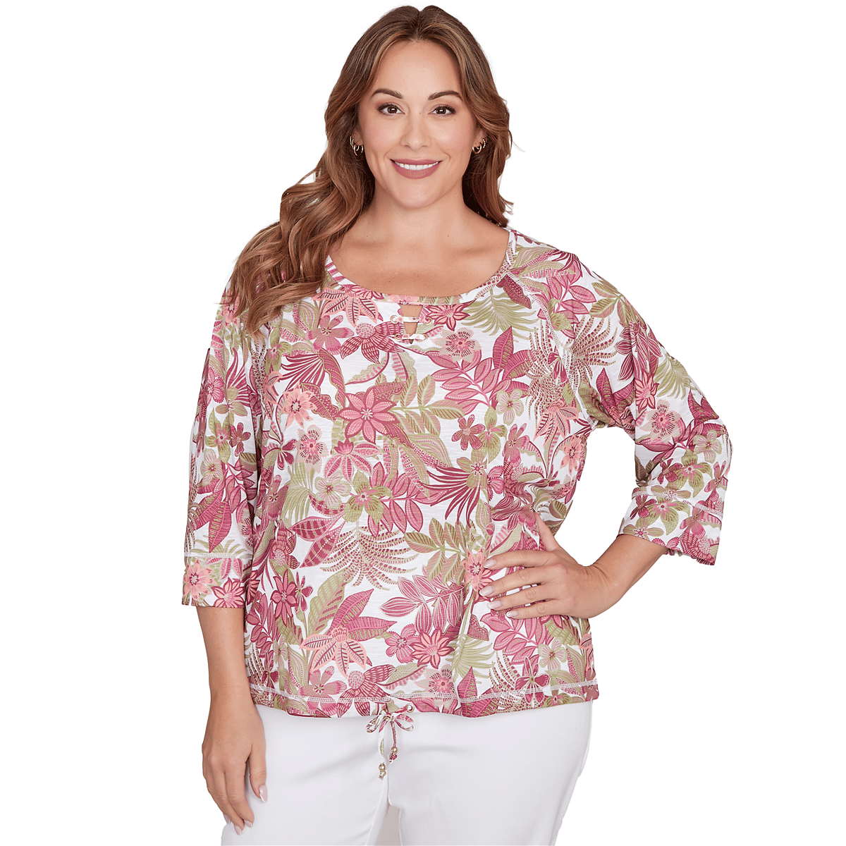 Hearts Of Palm Plus Size Printed Jungle Ivy Slub Top - Berry Multi