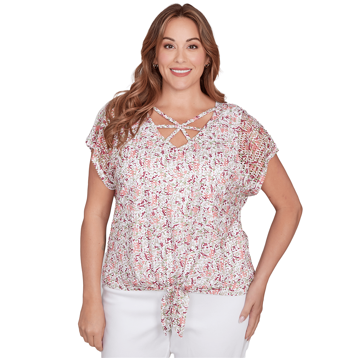 Hearts Of Palm Plus Size Printed Oval Textured Knit Top - Rustic Orange Multi