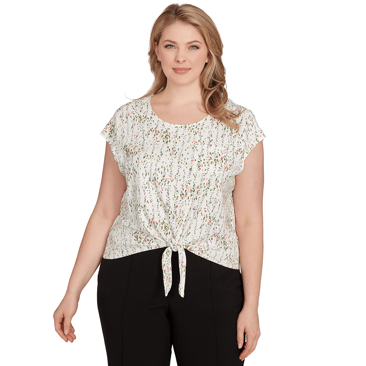 Plus Size Emaline Key Items Cap Sleeve Abstract Tie Front Tee
