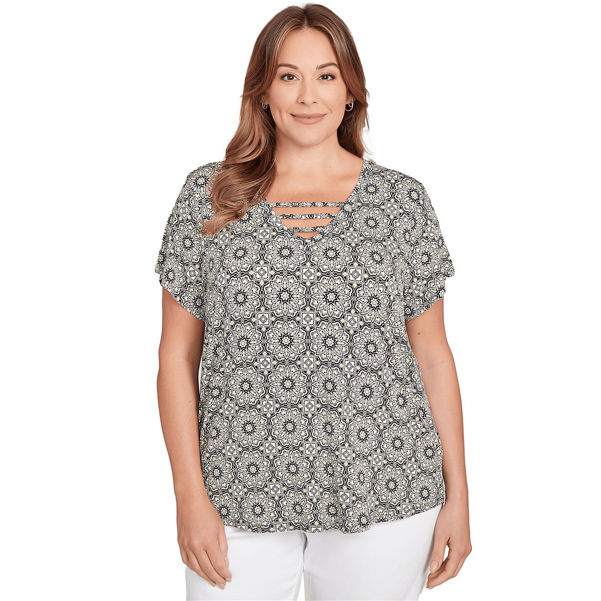 Click here for Plus Size Emaline Key Items V-Neck Geometric Flora... prices