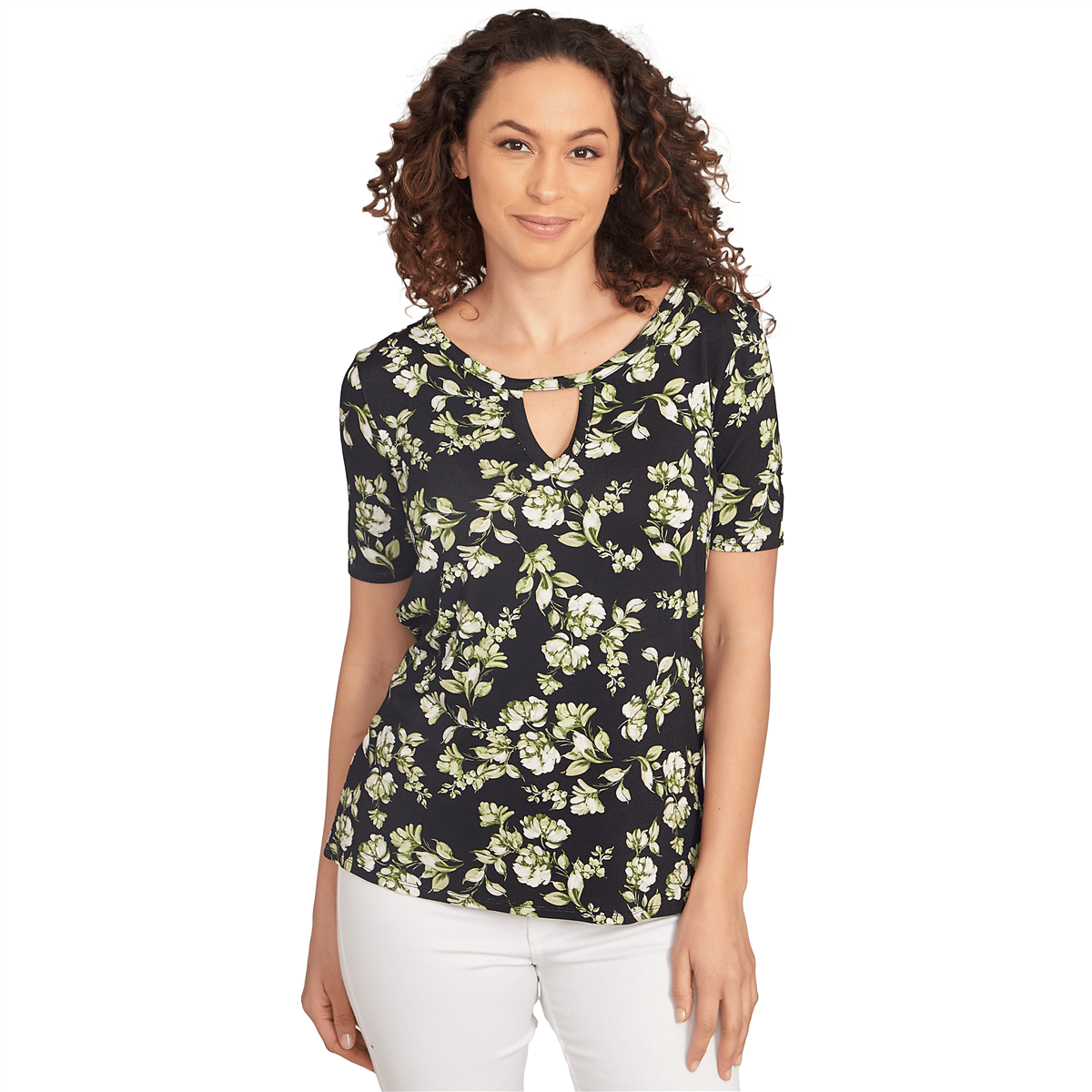Click here for Plus Size Emaline Key Items Floral Keyhole Neck Te... prices