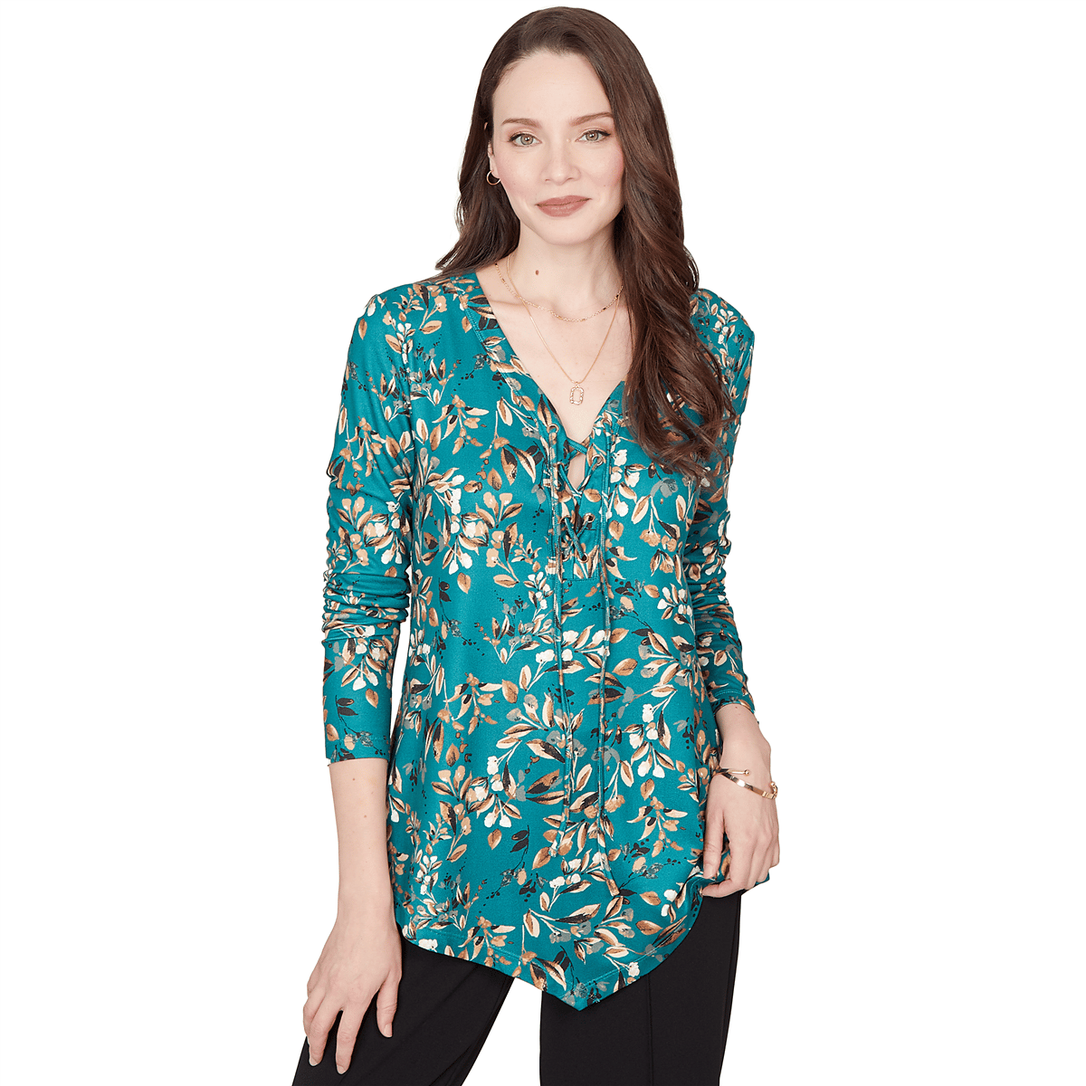 Click here for Petite Emaline Easton Long Sleeve Leaf Henley Blou... prices