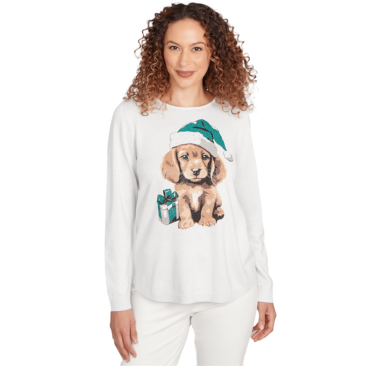 Womens Emaline Holiday Items Long Sleeve Santa Hat Puppy Sweater