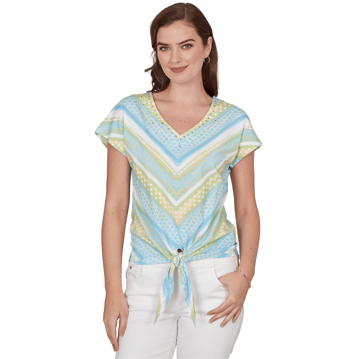 Click here for Plus Size Hearts of Palm Aqua Fresh Tie Front Chev... prices