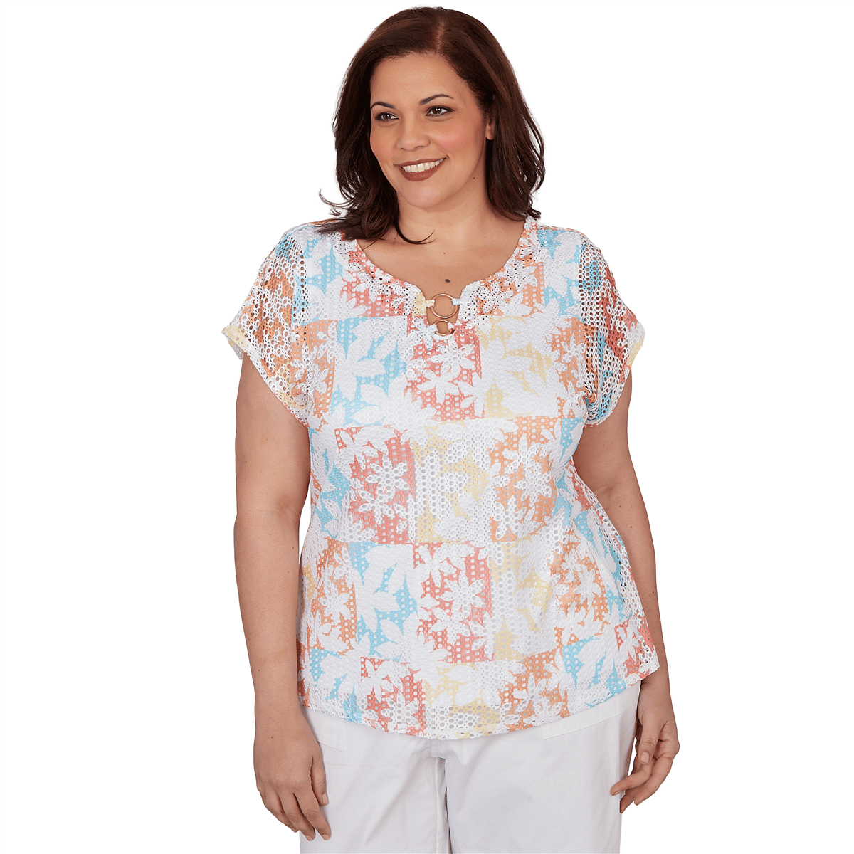 Hearts Of Palm Plus Size Printed Textured Knit T-Sleeve Top - Tangerine Multi