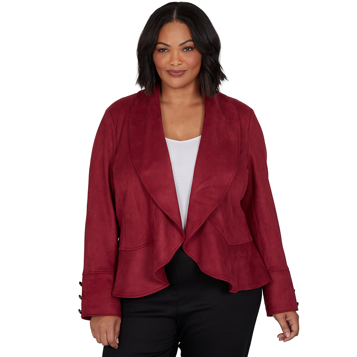 Click here for Plus Size Emaline Country Code Faux Suede Open Fro... prices