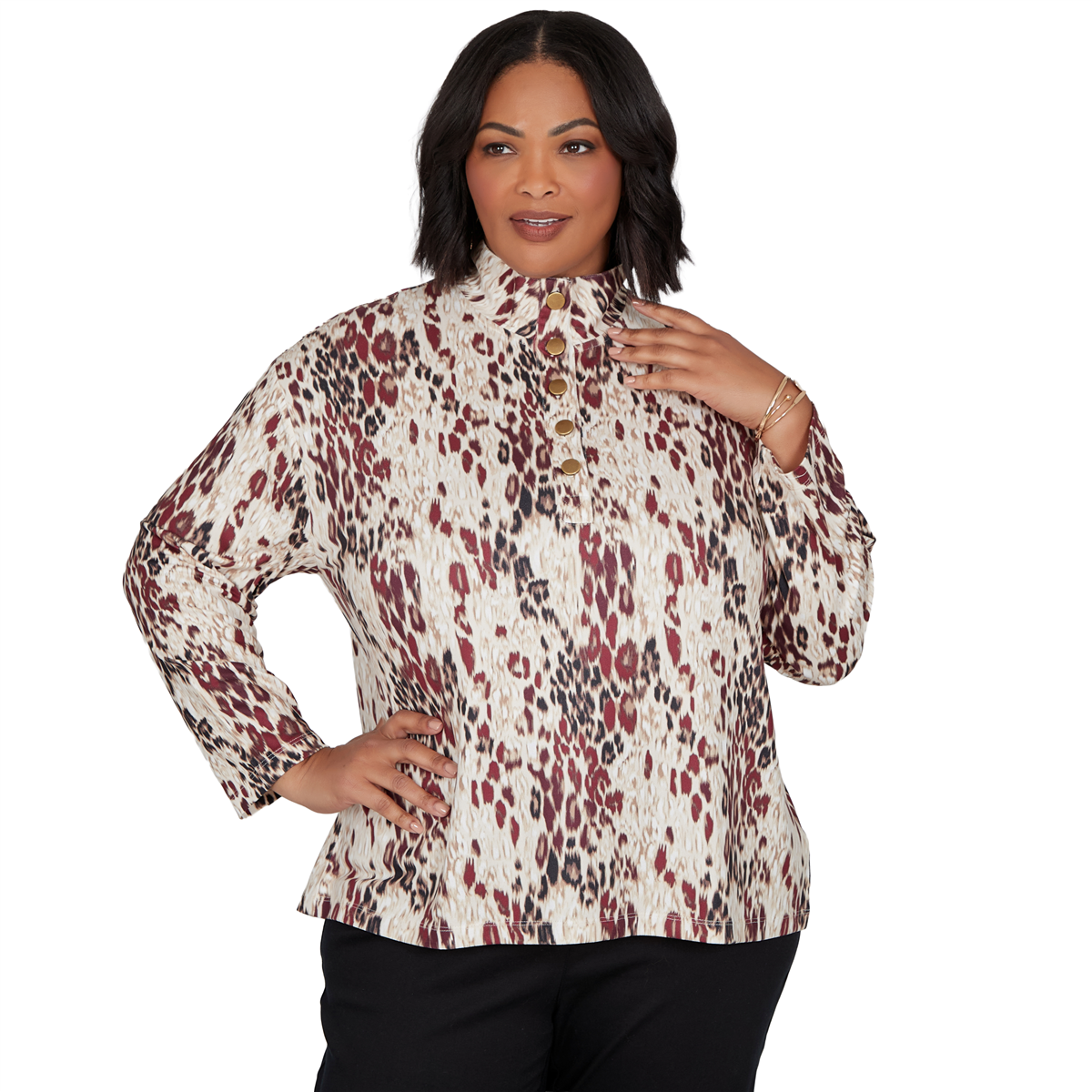 Click here for Plus Size Emaline Country Code Mock Neck Leopard B... prices