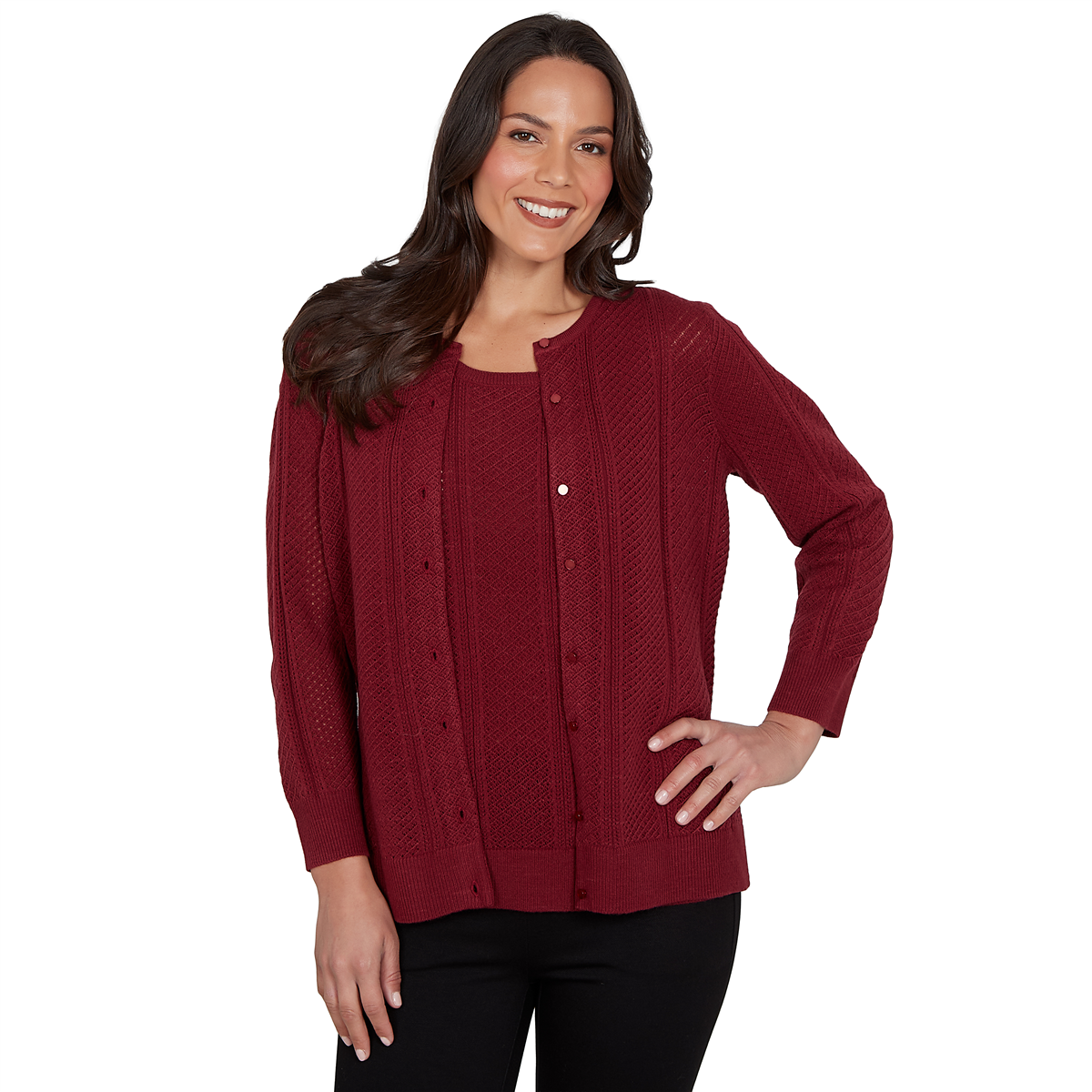 Click here for Petite Emaline Country Code 3/4 Sleeve Pointelle C... prices