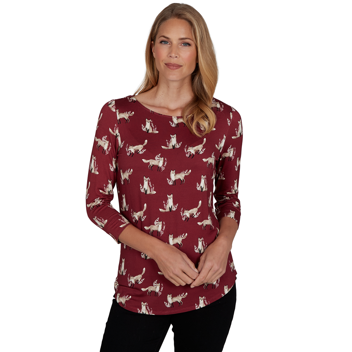 Click here for Petite Emaline Key Items 3/4 Sleeve All Over Fox T... prices
