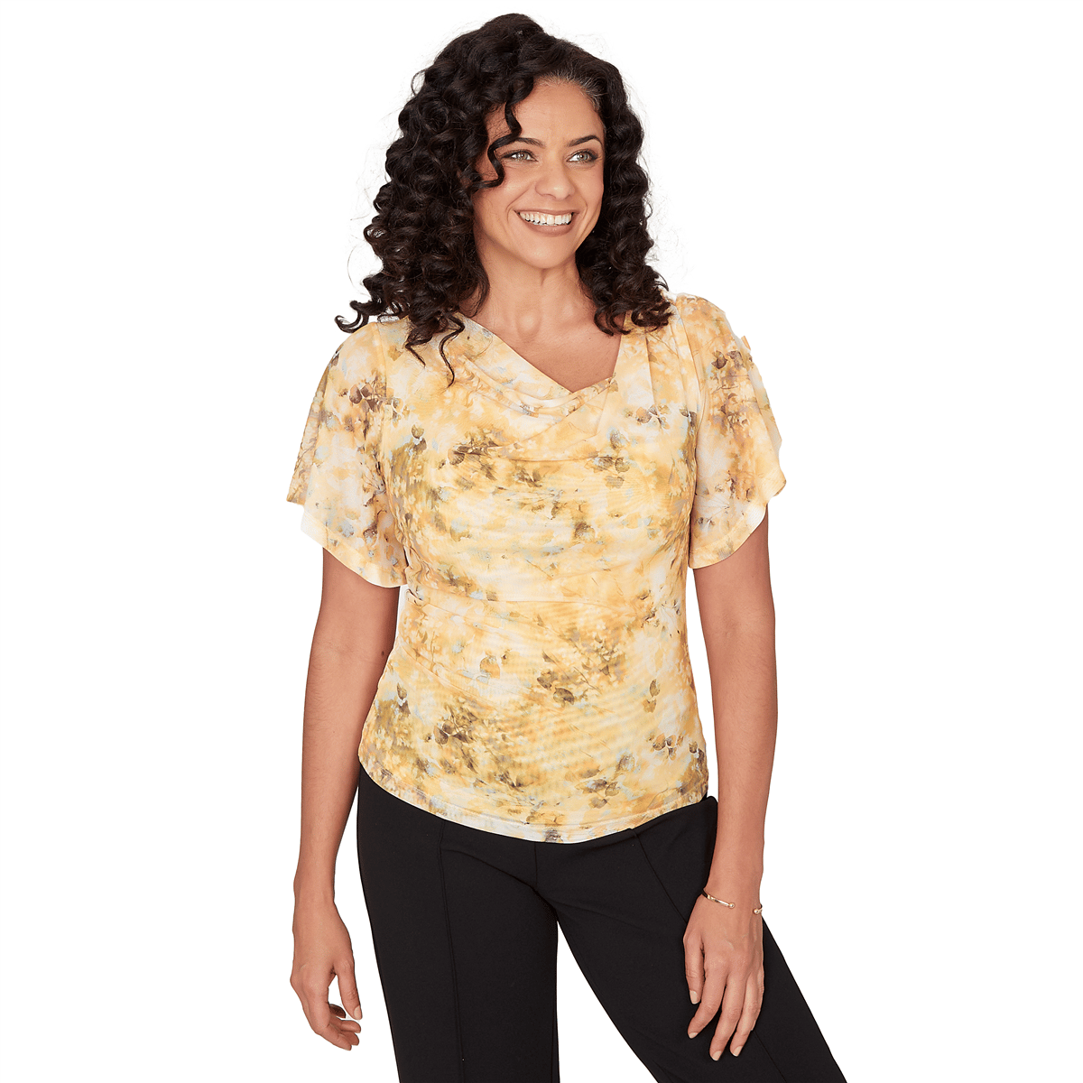 Click here for Petite Emaline Limoncello Sunrise Drape Neck Abstr... prices