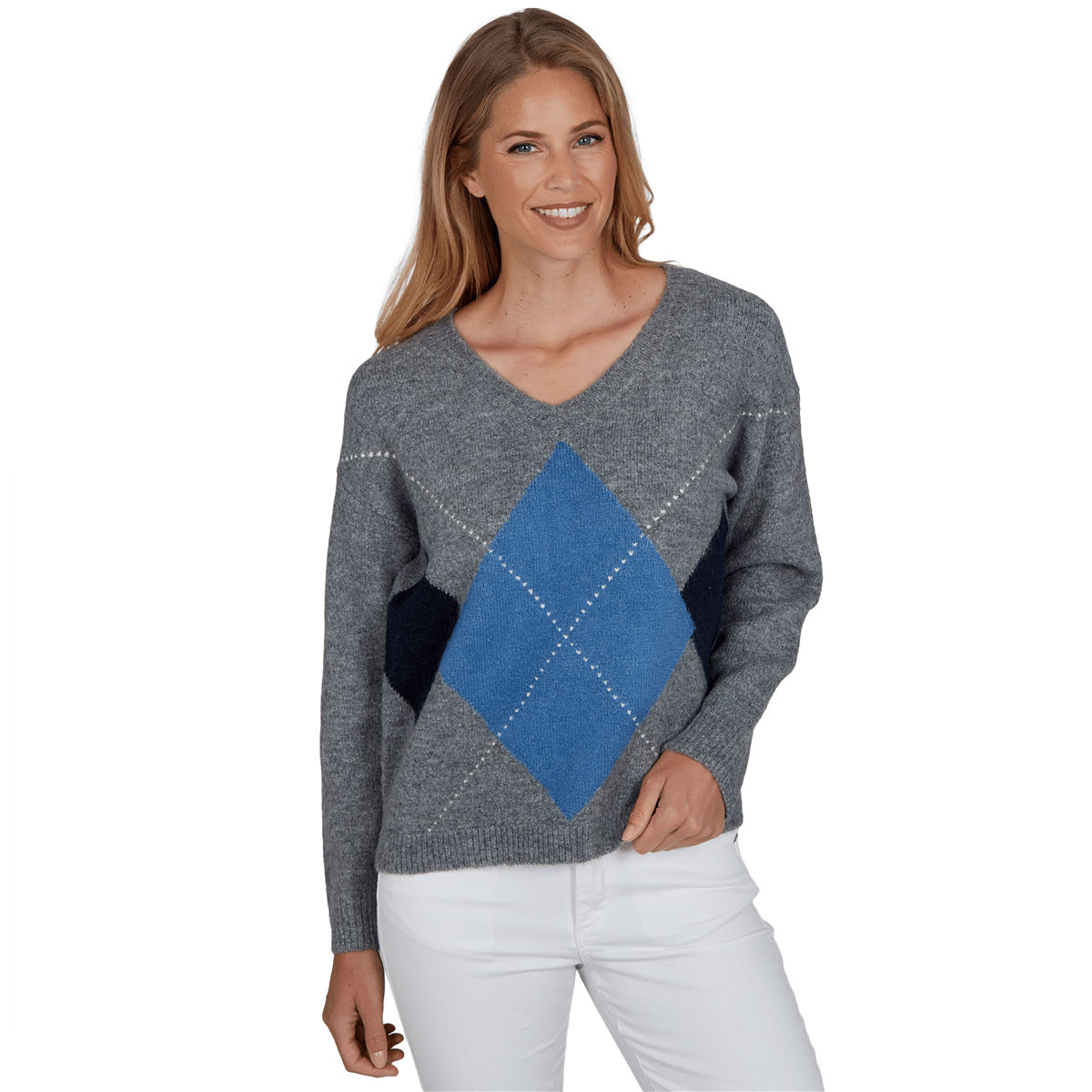 Click here for Petite Hearts of Palm Autumn Breeze V Neck Argyle... prices
