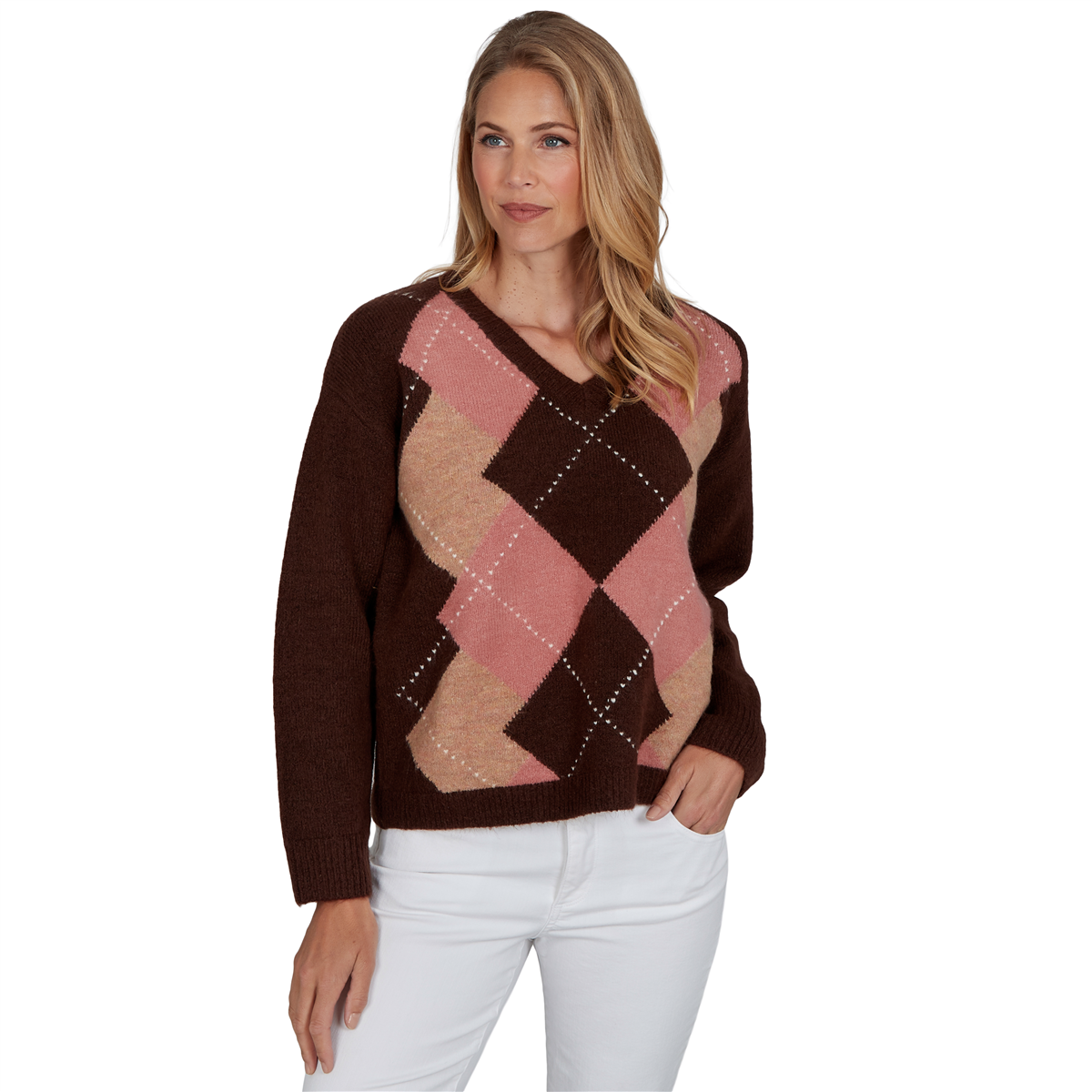 Click here for Petite Hearts of Palm Berry Fabulous V Neck Argyle... prices