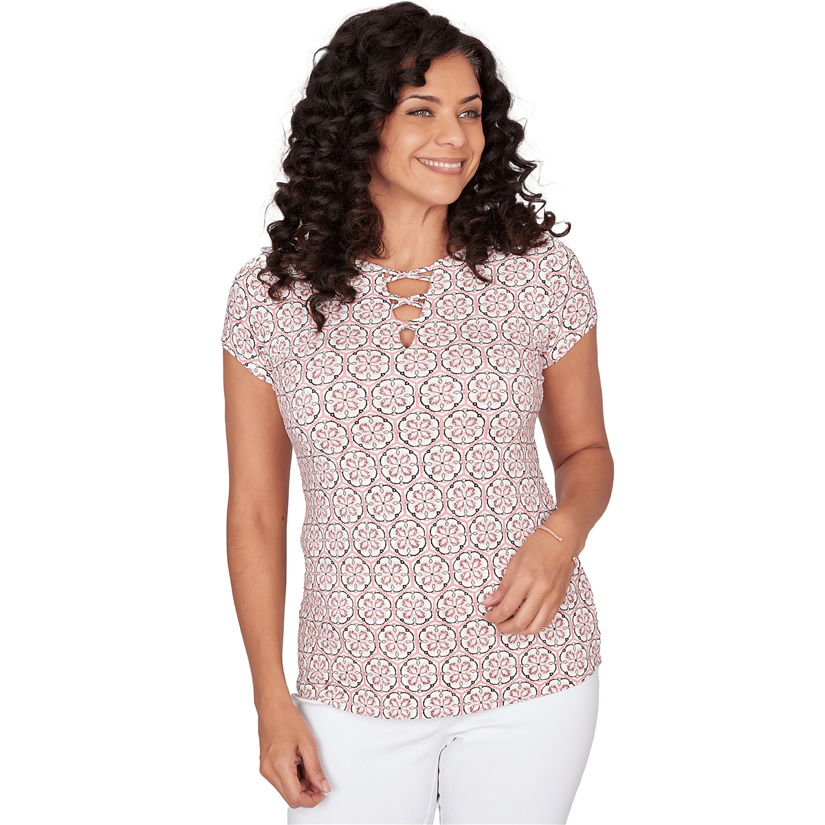 Click here for Petite Emaline Key Items Short Sleeve Lace Neck Bl... prices