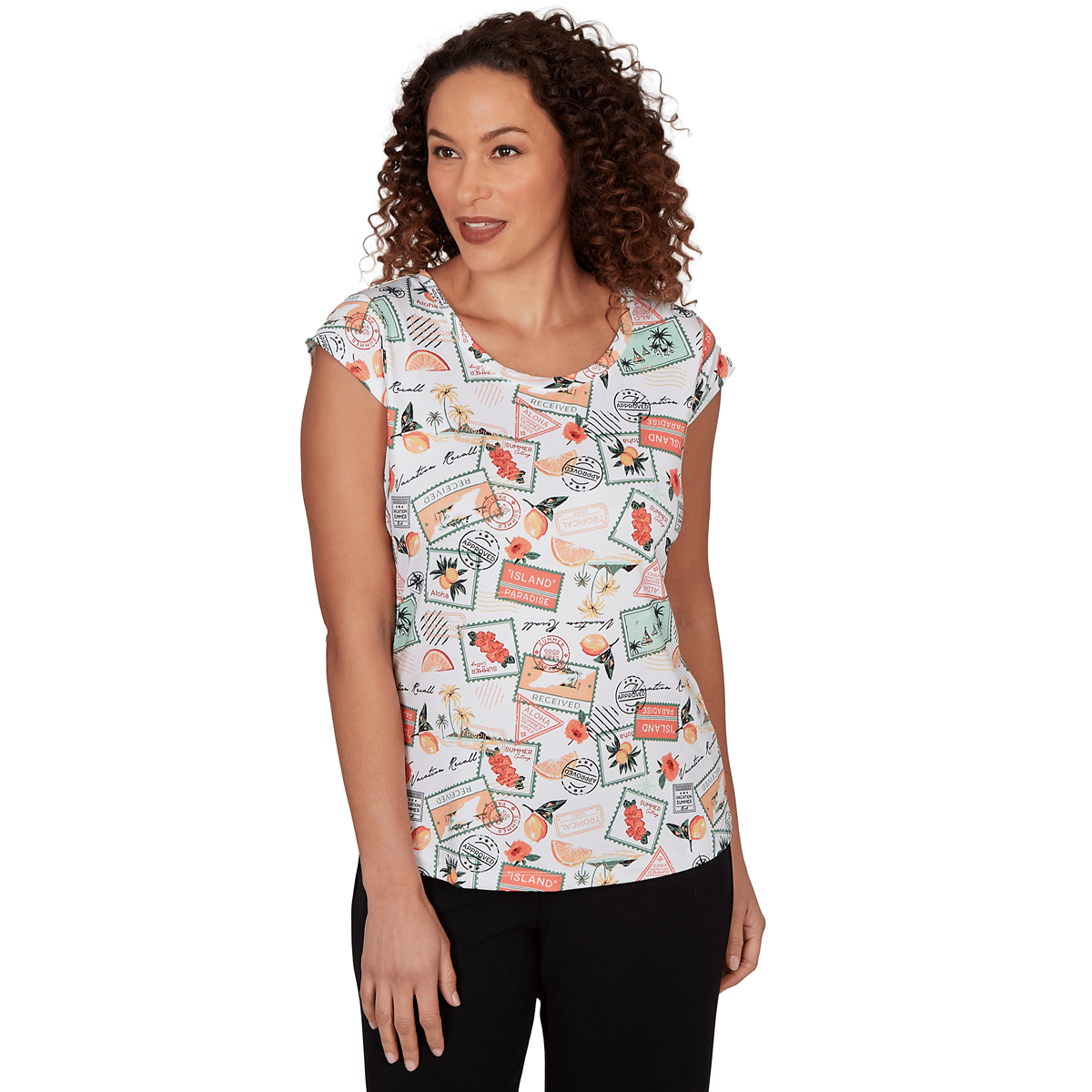 Click here for Petite Emaline Key Items Cap Sleeve Tropical Postc... prices