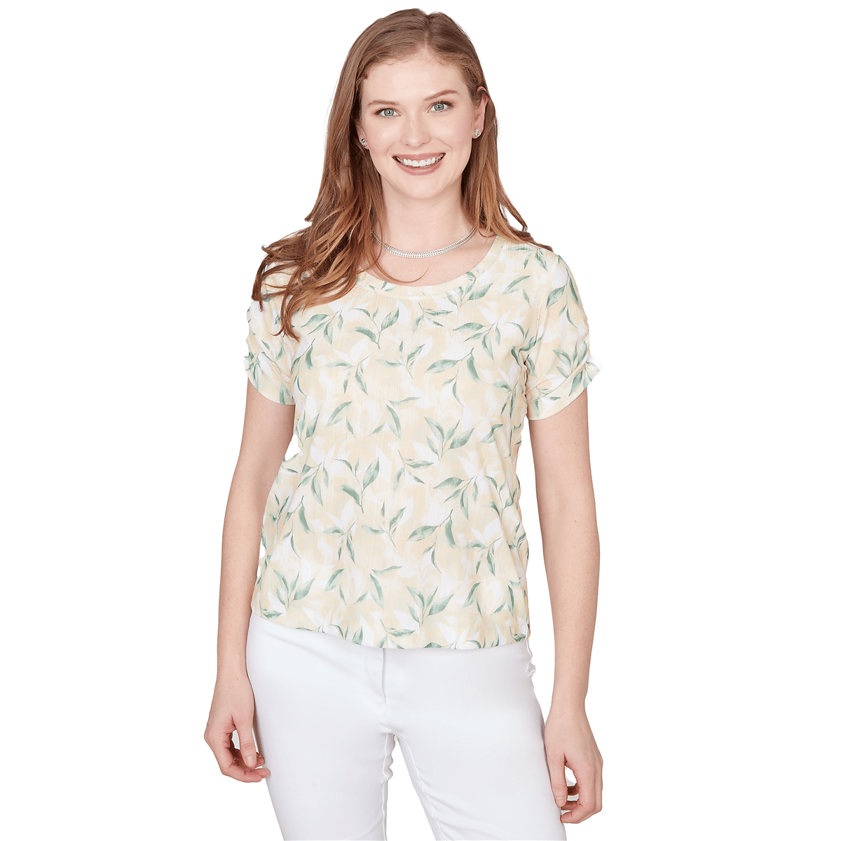 Click here for Petite Emaline Key Items Short Ruched Sleeve Leaf... prices