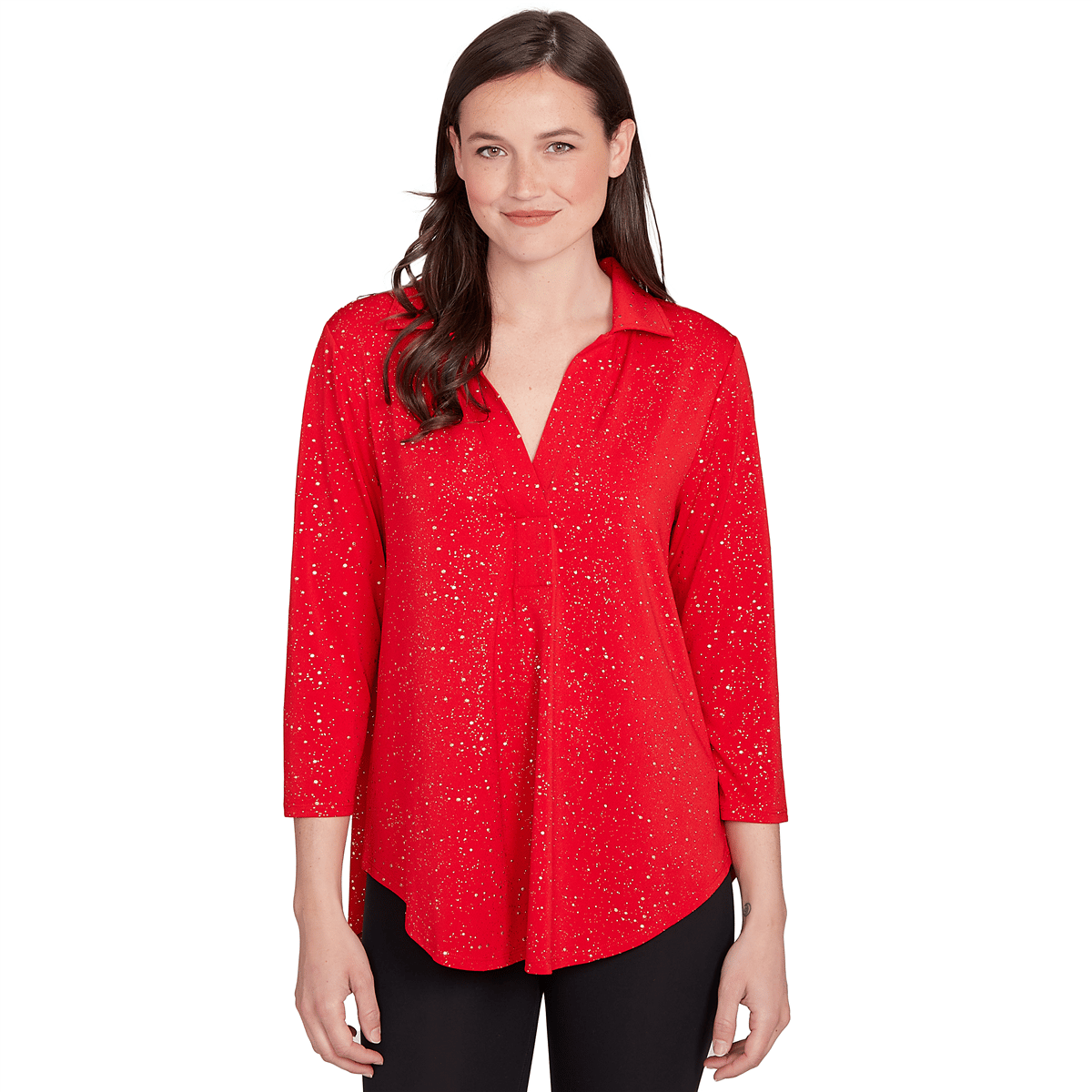 Click here for Womens Ruby Rd. Red Allure V Neck Metallic Speckle... prices