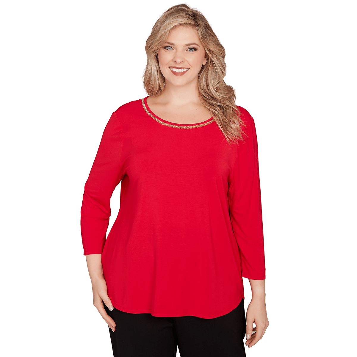Click here for Plus Size Ruby Rd. Red Allure Gold Stitch 3/4 Slee... prices
