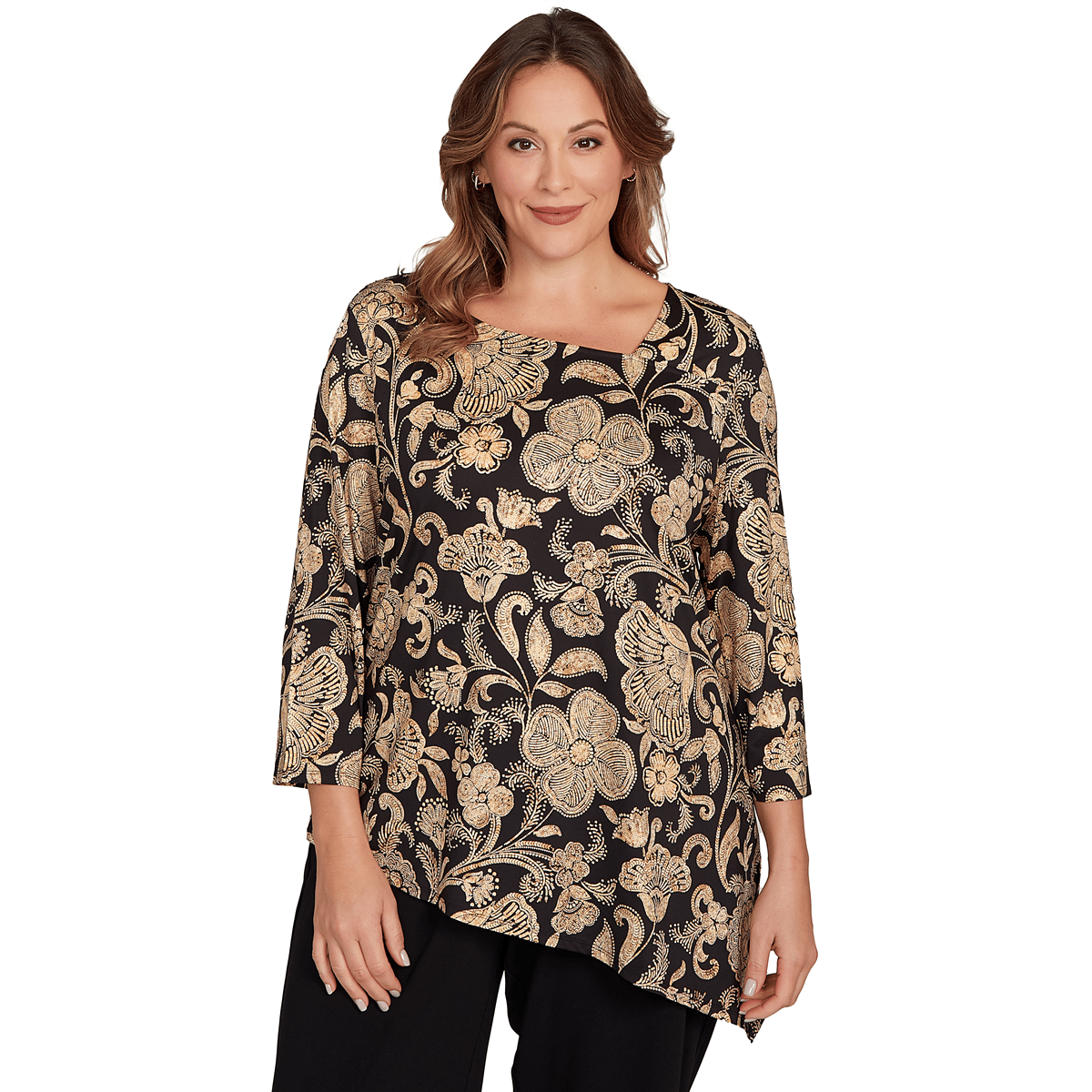 Click here for Plus Size Ruby Rd. Red Allure Gold Foil Shimmer Fl... prices