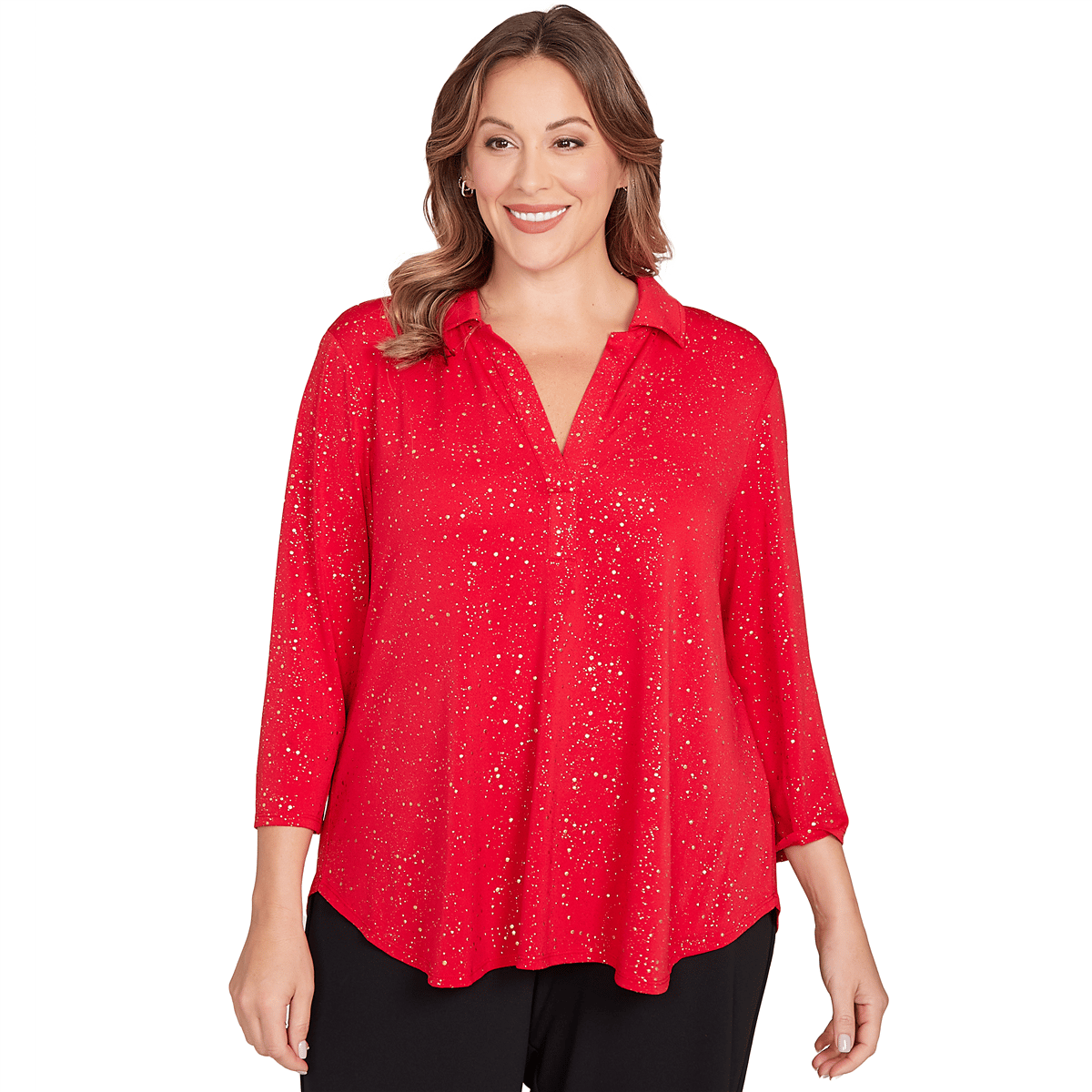 Ruby Rd. Plus Size Metallic Dew Drop Shirt Collar Top - Cherry