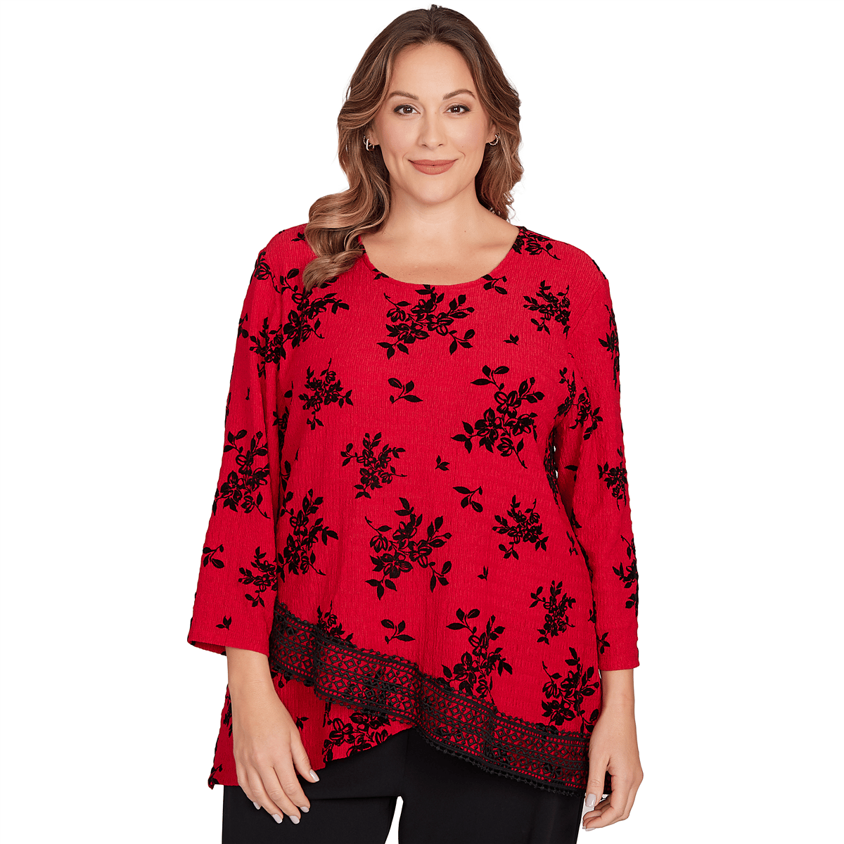 Click here for Plus Size Ruby Rd. Red Allure 3/4 Sleeve Lace Trim... prices
