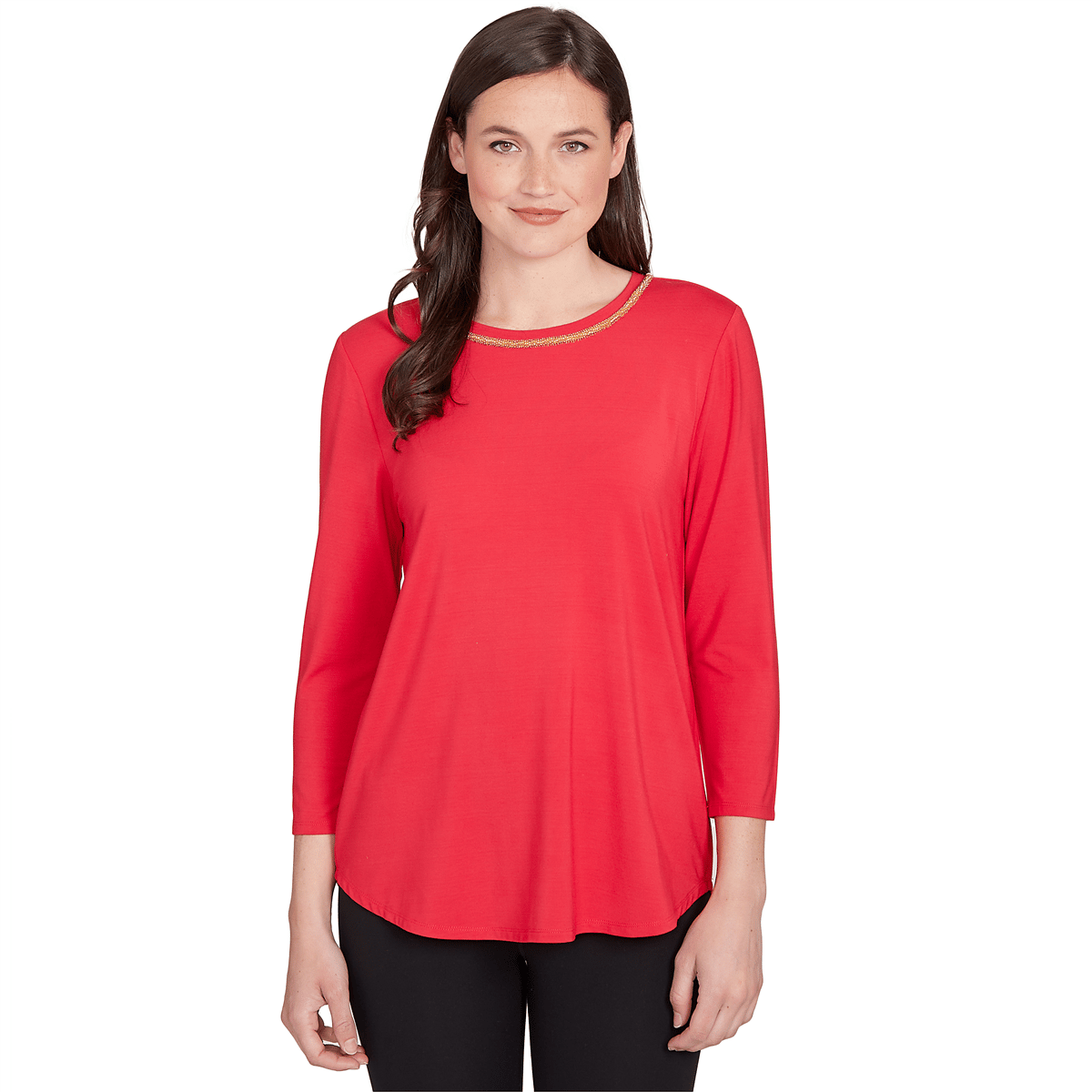 Ruby Rd. Petite Embellished Scoop Neck Solid Knit Top - Cherry