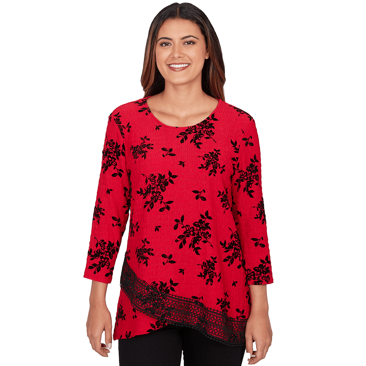 Ruby Rd. Petite Floral Flocked Texture Lace Trim Top - Cherry Multi