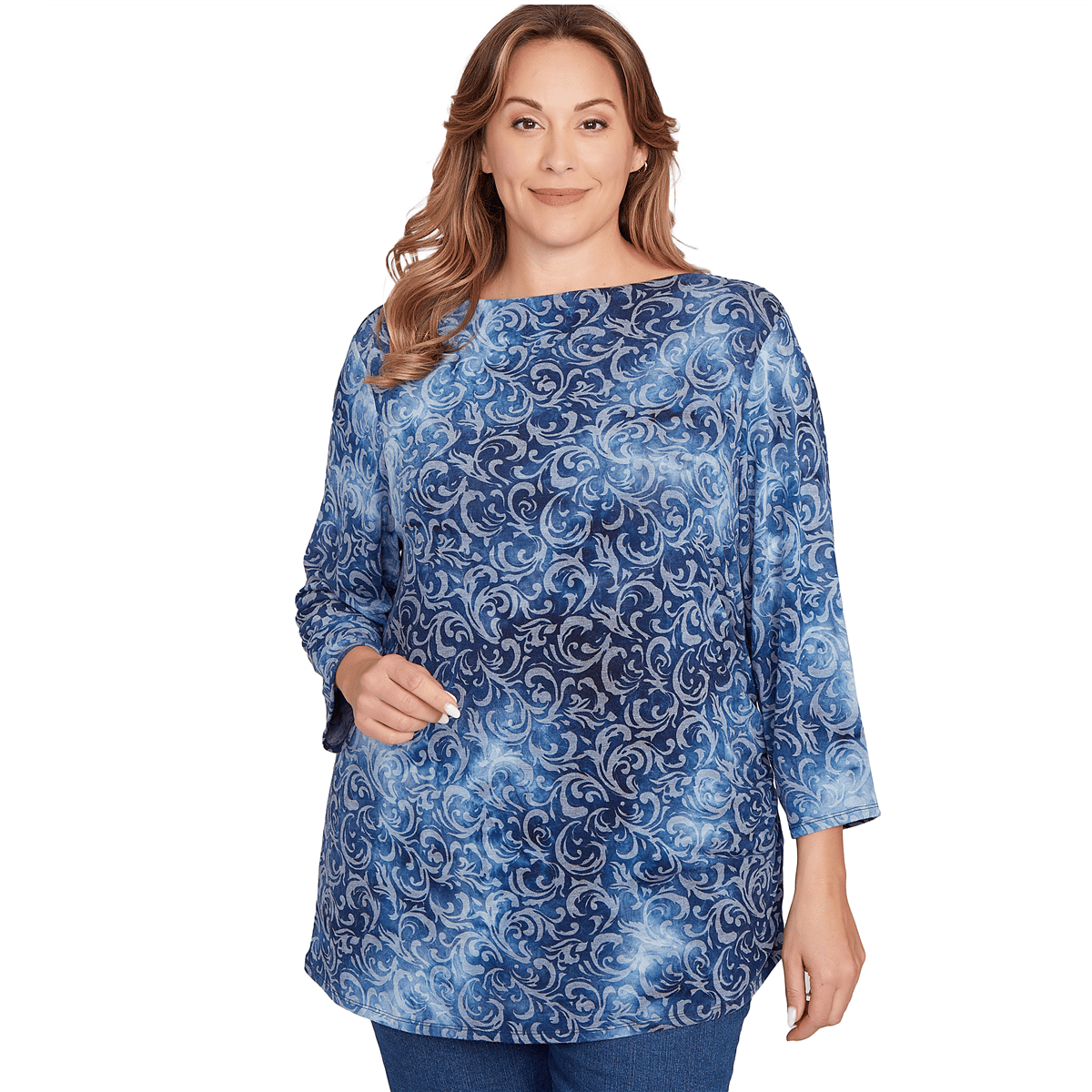 Ruby Rd. Plus Size Tie Dye Scroll Floral Top - Indigo