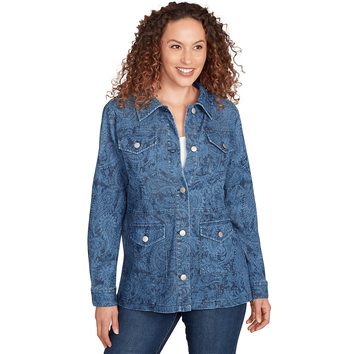 Click here for Petite Ruby Rd. Indigo Go Paisley Stretch Denim Ja... prices