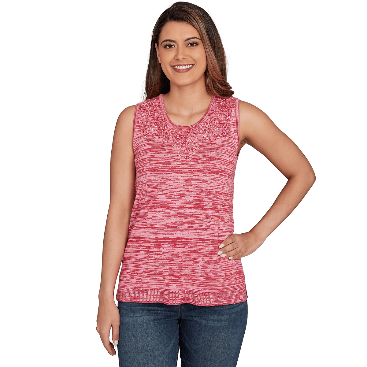 Click here for Petite Ruby Rd. Indigo Go Marled Embroidery Sweate... prices