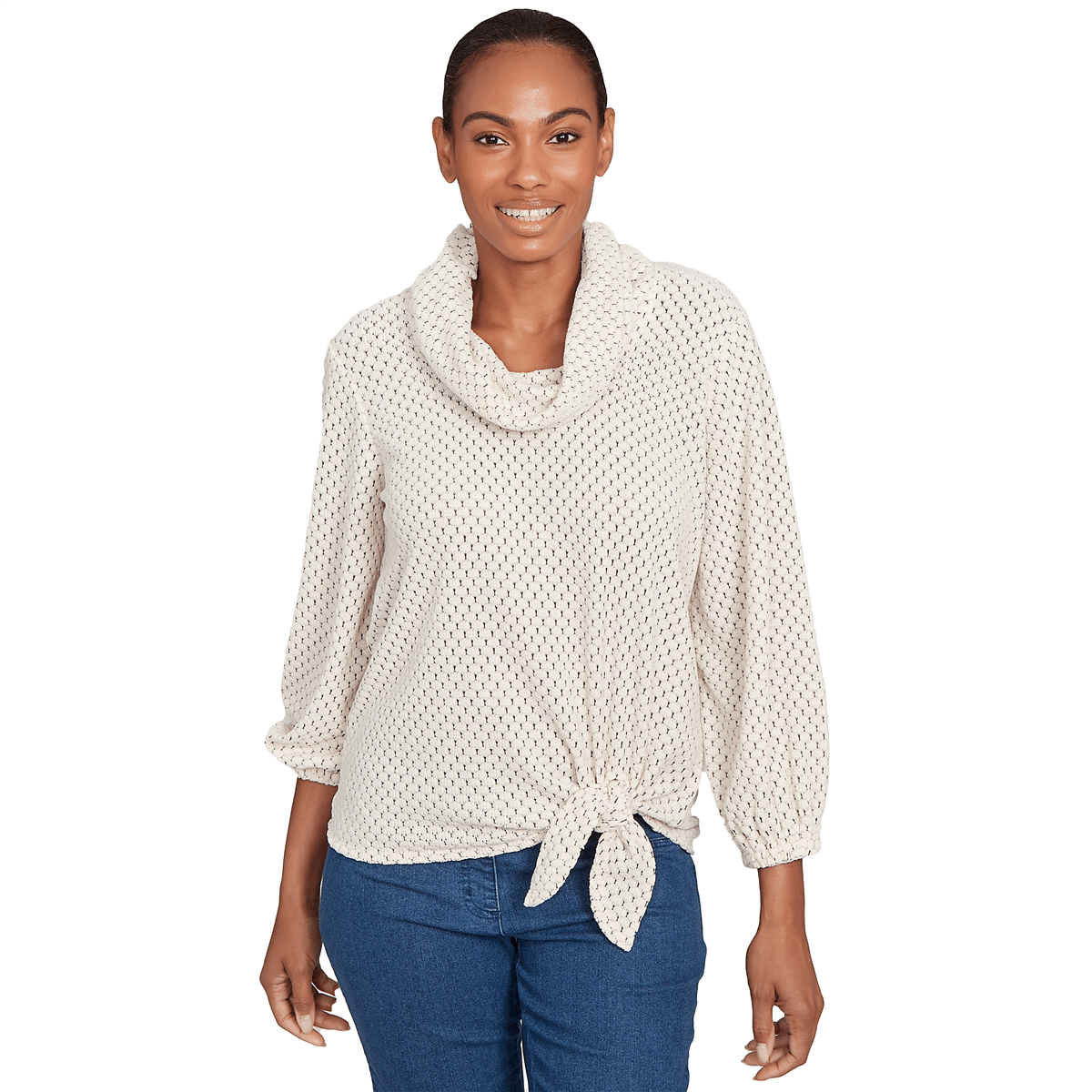 Ruby Rd. Petite Honeycomb Chenille Cowl Neck Top - Ivory  Black