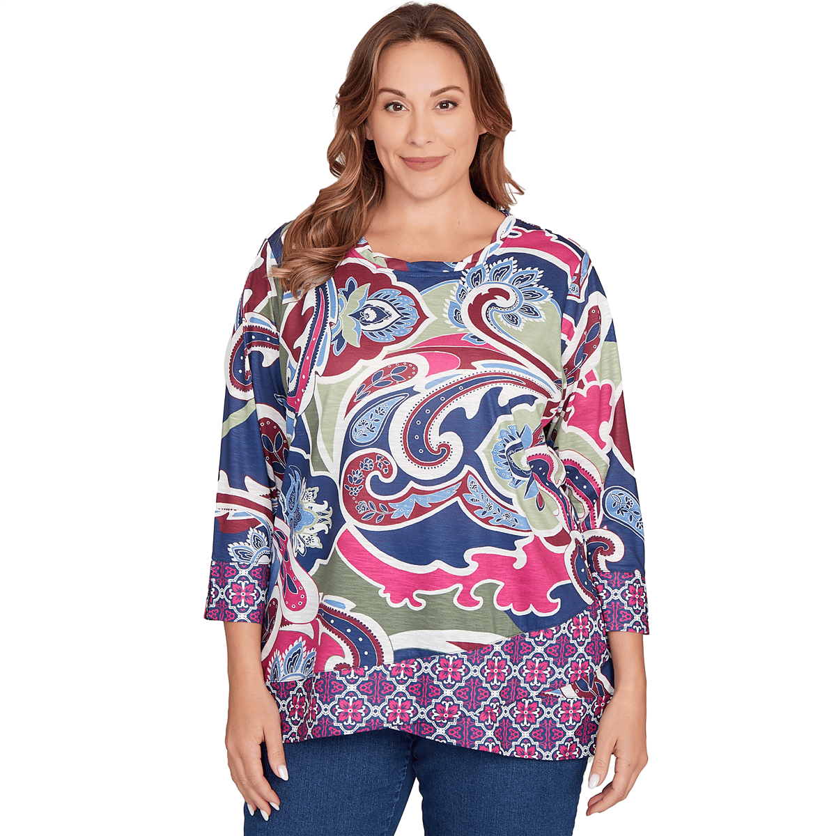 Ruby Rd. Plus Size Geo Paisley Border Top - Deep Blue Multi