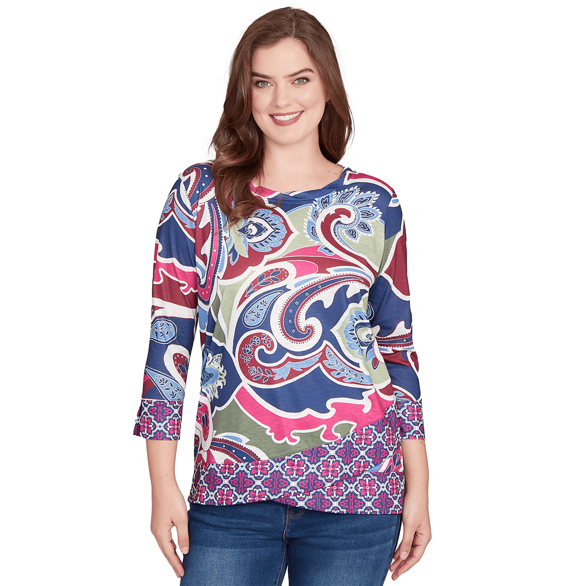 Ruby Rd. Petite Geo Paisley Border Top - Deep Blue Multi