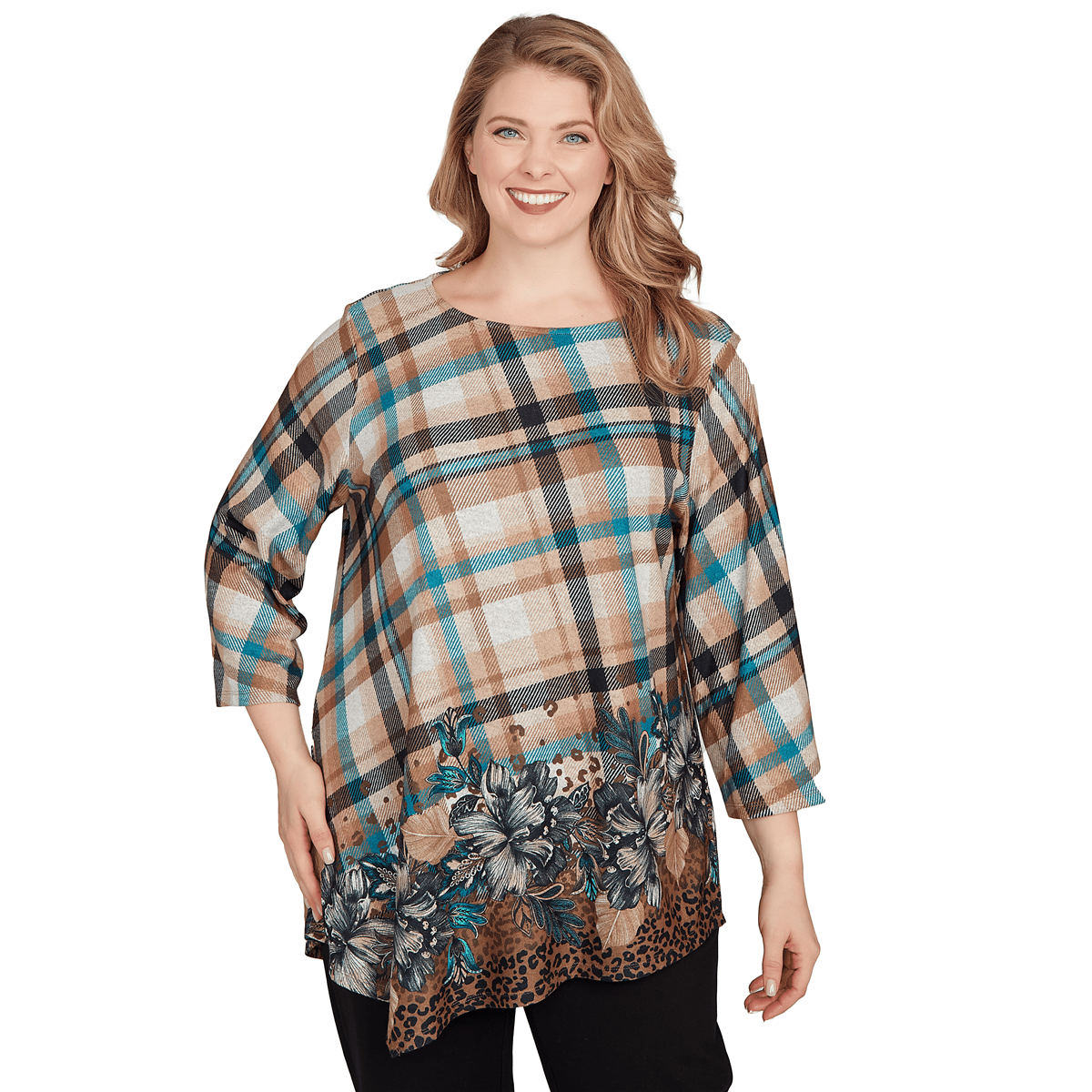 Click here for Plus Size Ruby Rd. Cozy Time Floral Plaid Asymmetr... prices