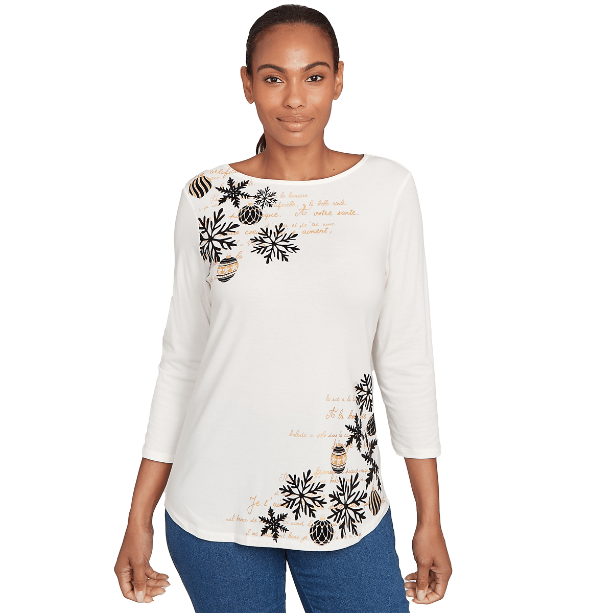 Click here for Womens Ruby Rd. Must Haves II Snowflake Script Tee prices