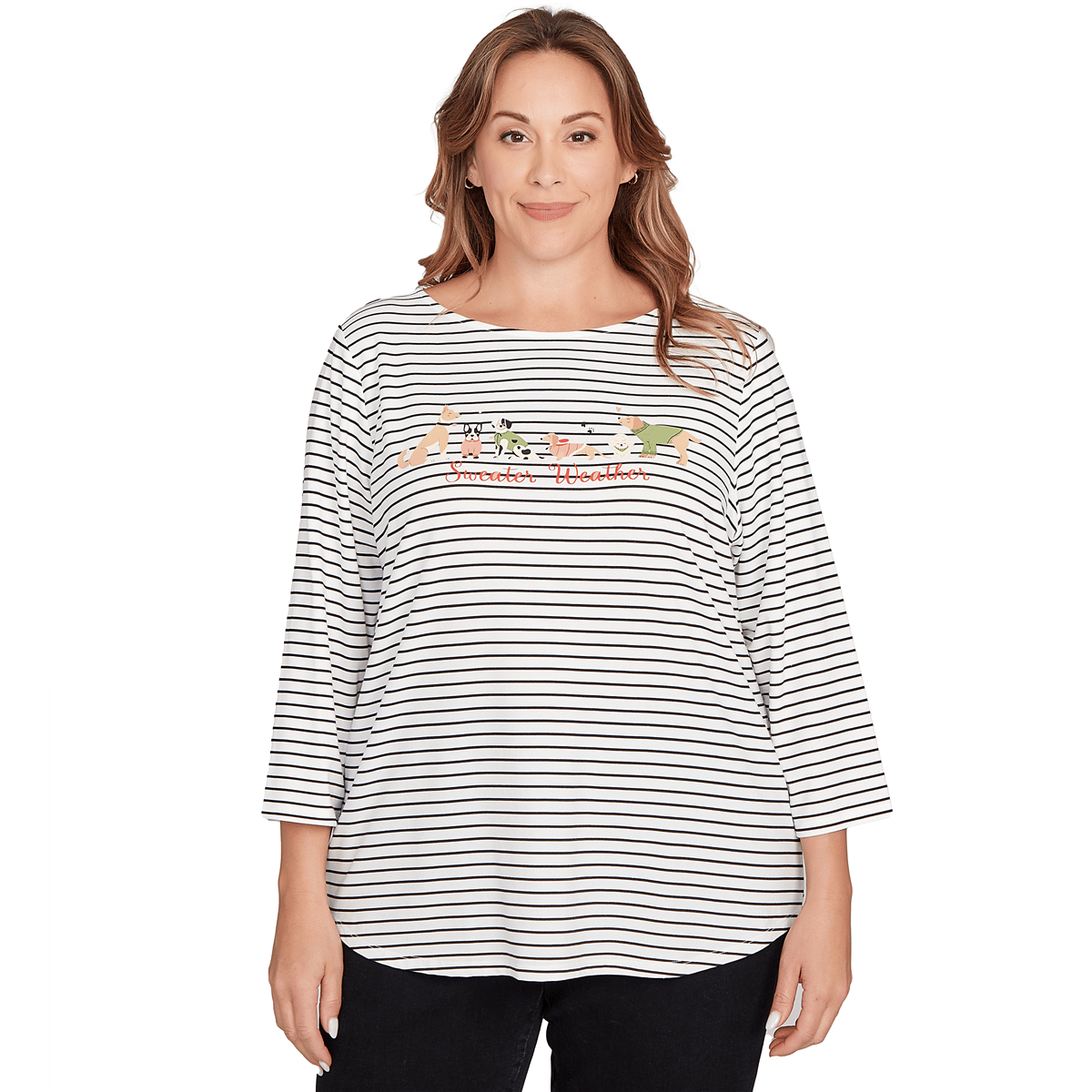 Ruby Rd. Plus Size Holiday Dogs Striped Knit Top - Black Multi