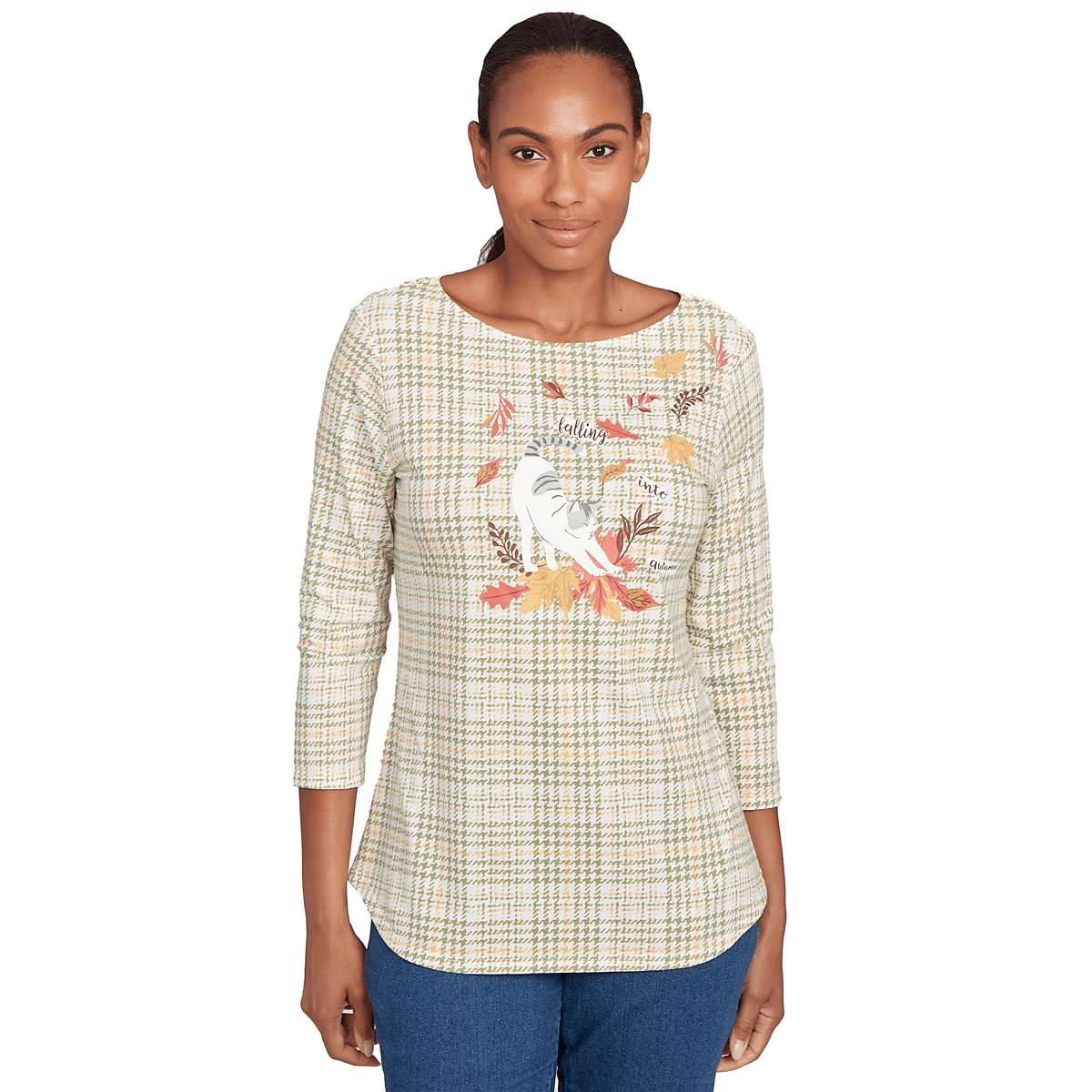 Ruby Rd. Petite Autumn Cat Houndstooth Top - Moss Multi