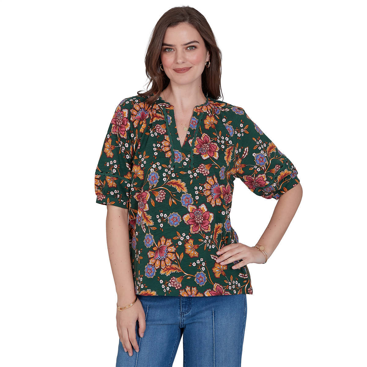 Click here for Womens Ruby Rd. Game of Luxe Elbow Sleeve Floral V... prices