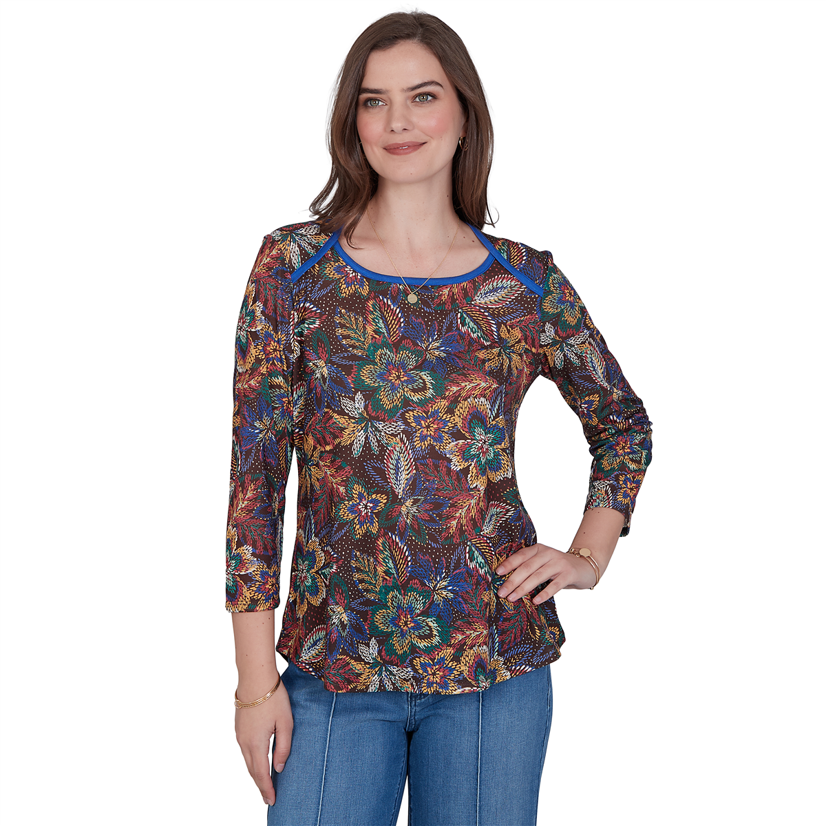 Click here for Womens Ruby Rd. Game of Luxe 3/4 Sleeve Floral Tee prices