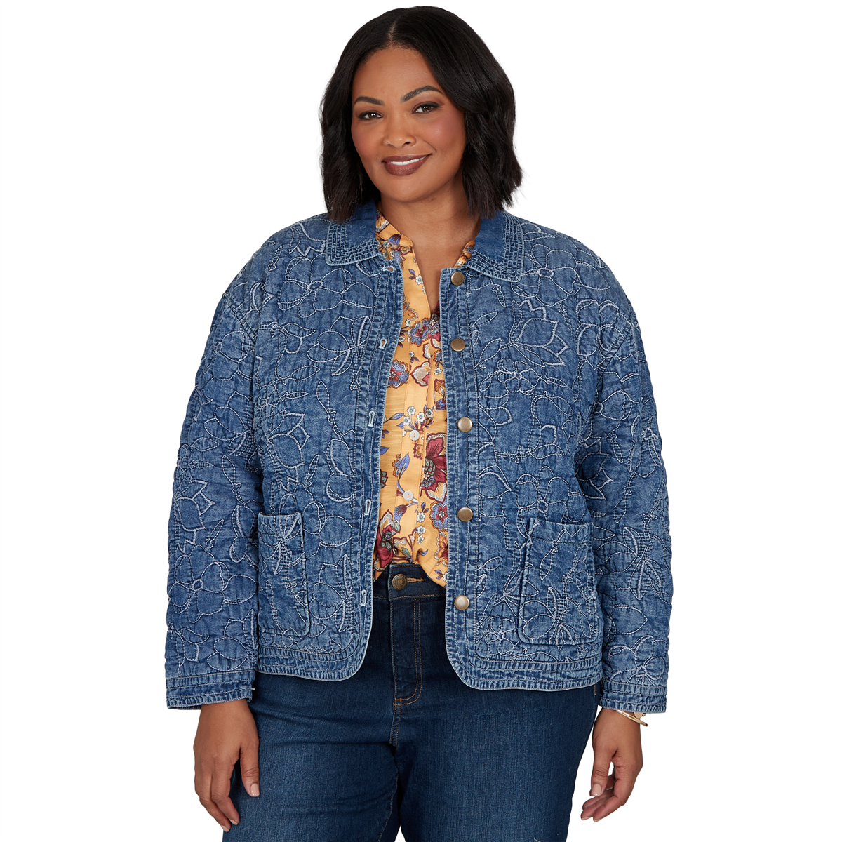 Ruby Rd. Plus Size Quilted Floral Denim Jacket - Light Indigo