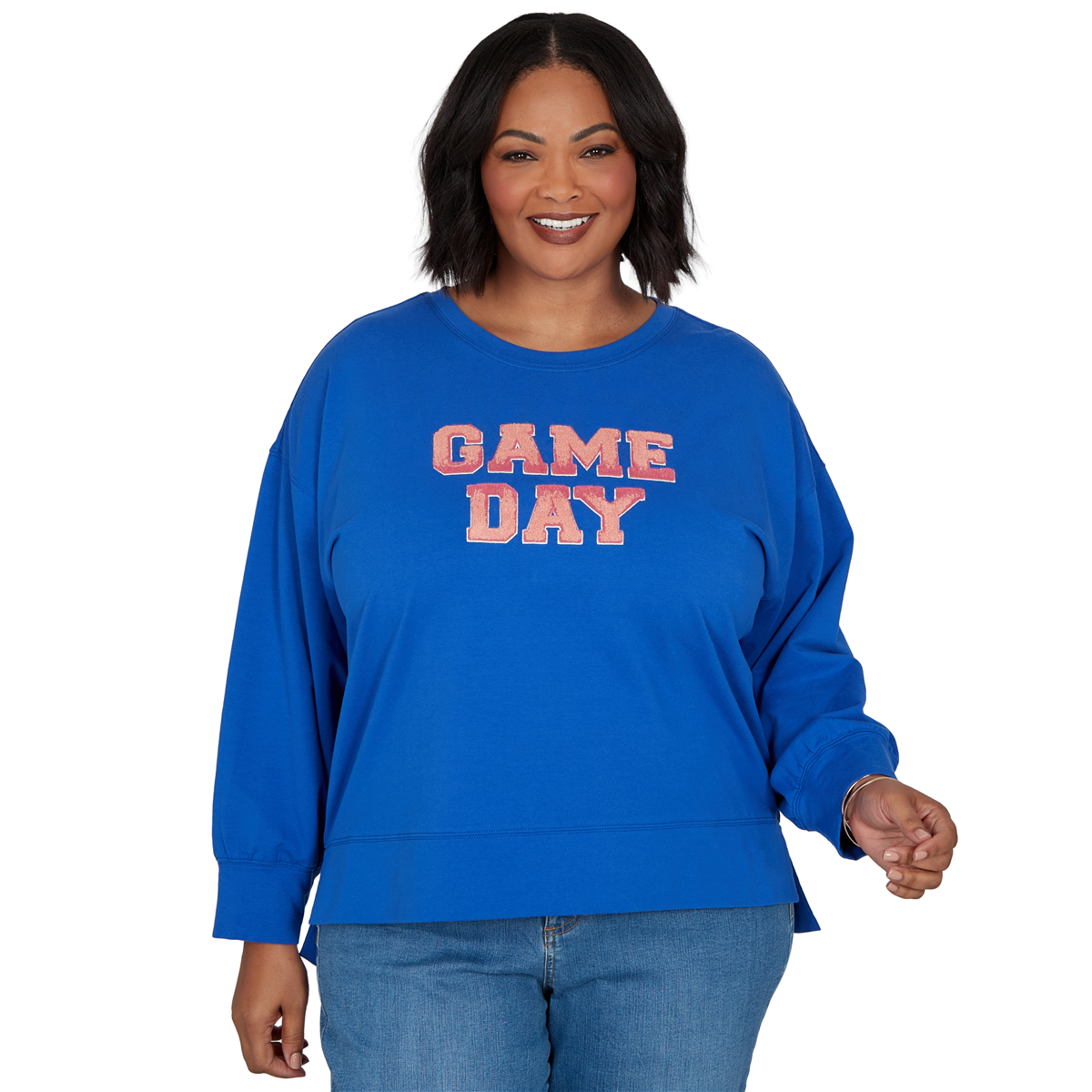 Ruby Rd. Plus Size Game Day Graphic Terry Sweatshirt - Cobolt Multi