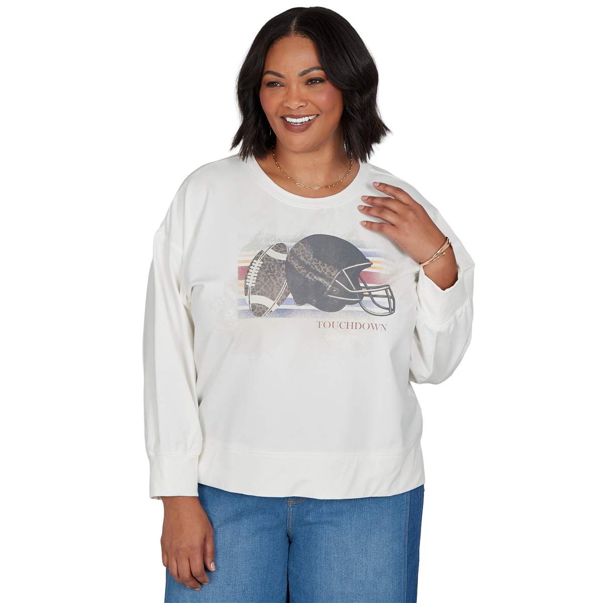 Ruby Rd. Plus Size Football Graphic Terry Sweatshirt - Ivory Multi