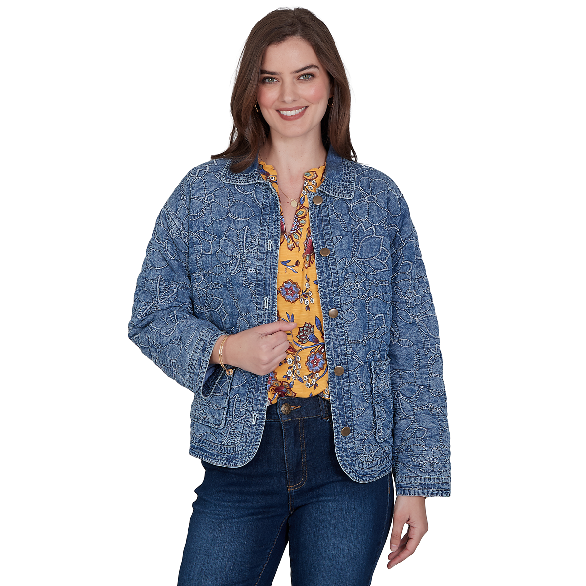 Ruby Rd. Petite Quilted Floral Denim Jacket - Light Indigo