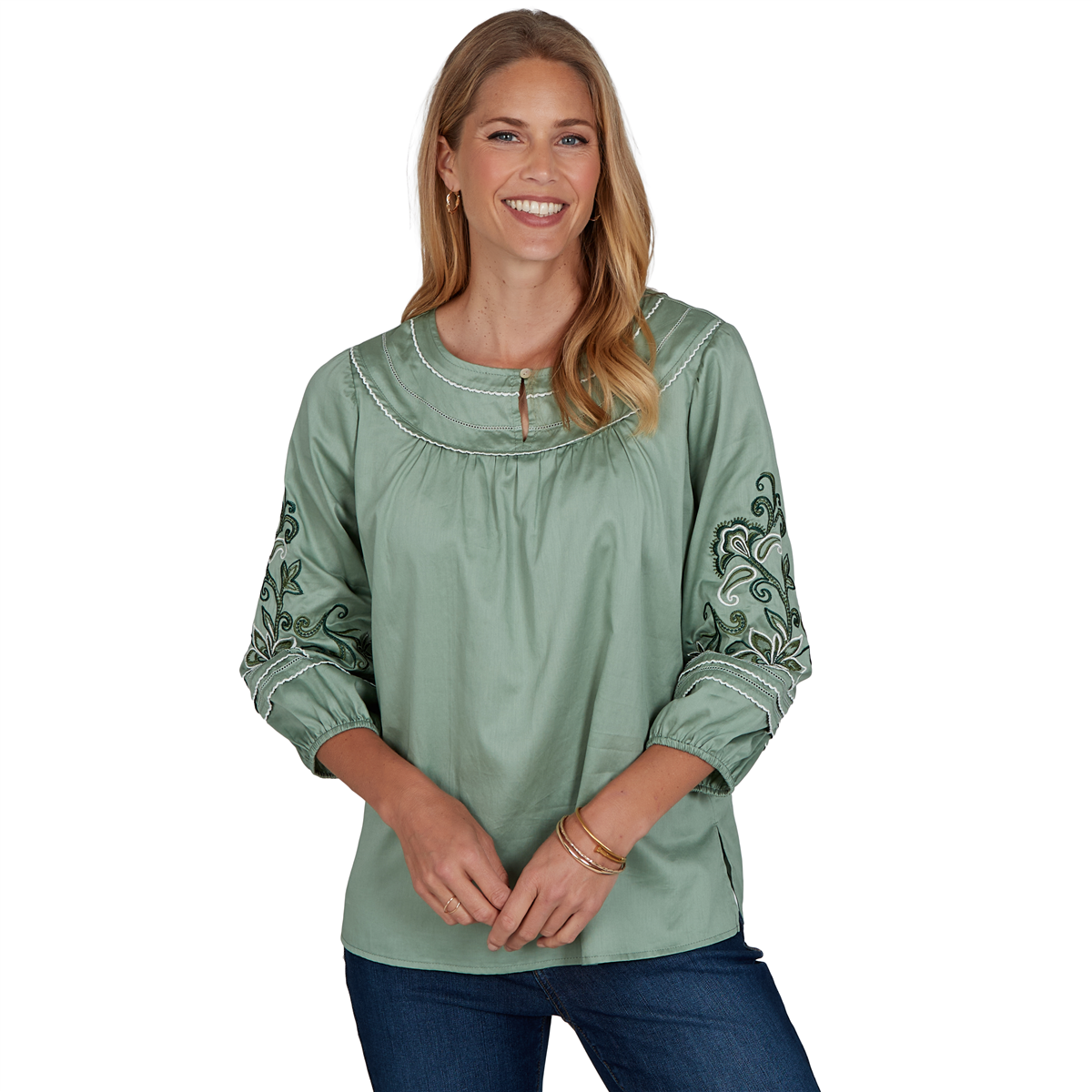 Click here for Petite Ruby Rd. Game of Luxe Embroidered Sleeve Vo... prices